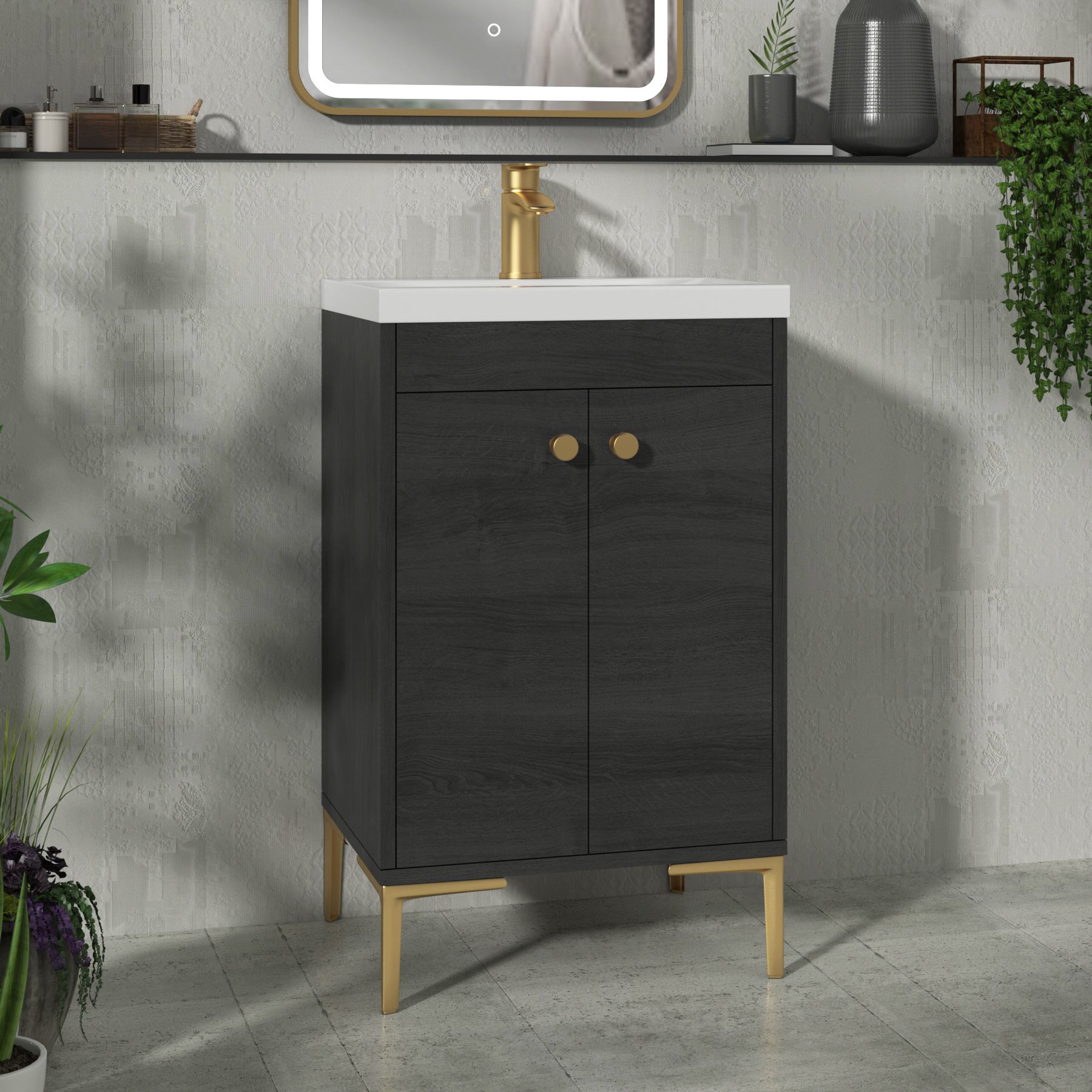 Verona 500mm Black Woodgrain Floor Standing Vanity Unit 2 Door with Mid ...