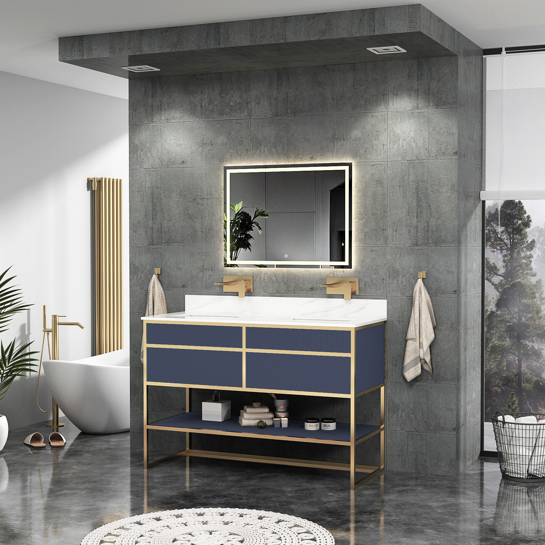 Vienna 1200mm Navy Blue Vanity Unit with Brushed Brass Frame & Carrara ...