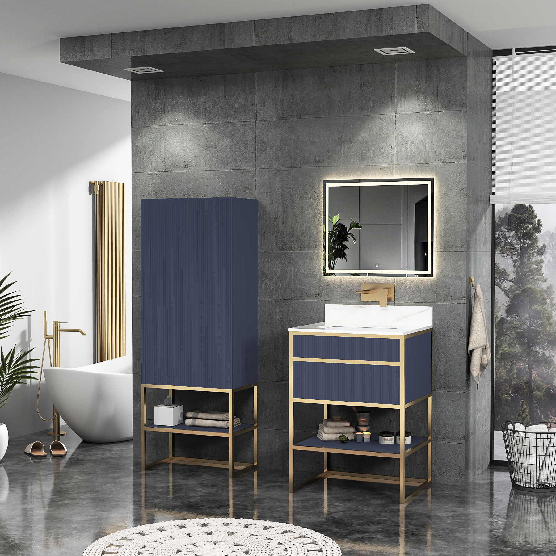 Vienna 600mm Navy Blue Vanity Unit with Brushed Brass Frame & Carrara ...