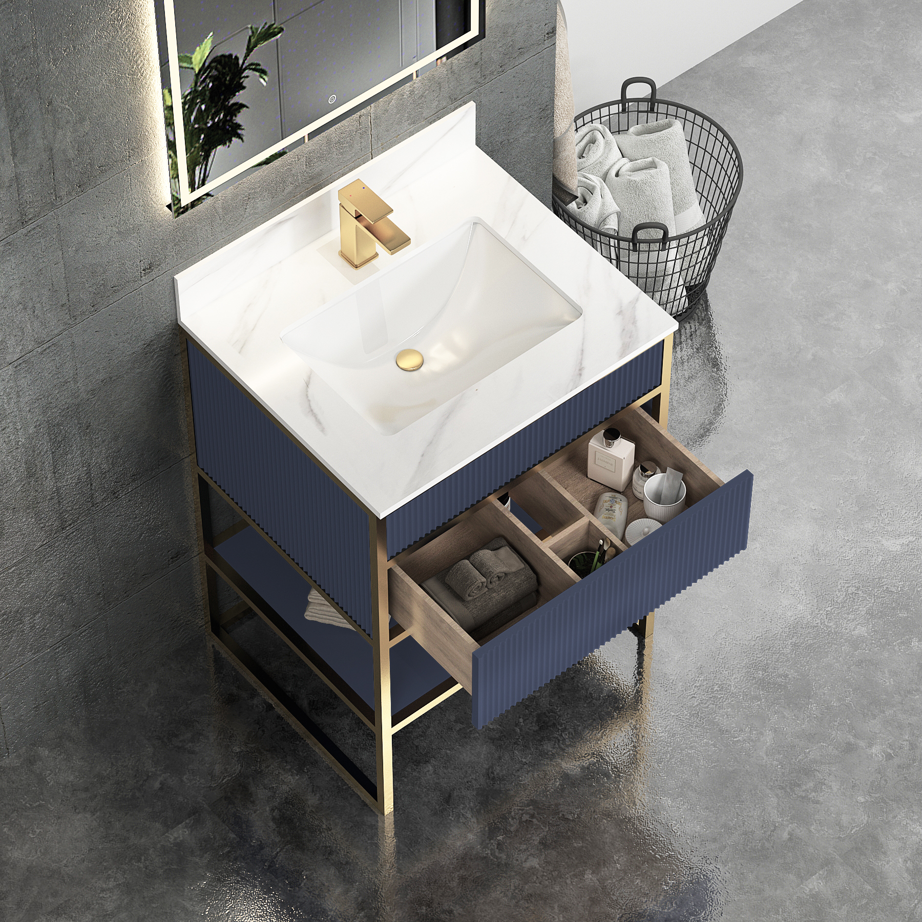 Vienna 600mm Navy Blue Vanity Unit with Brushed Brass Frame & Carrara ...