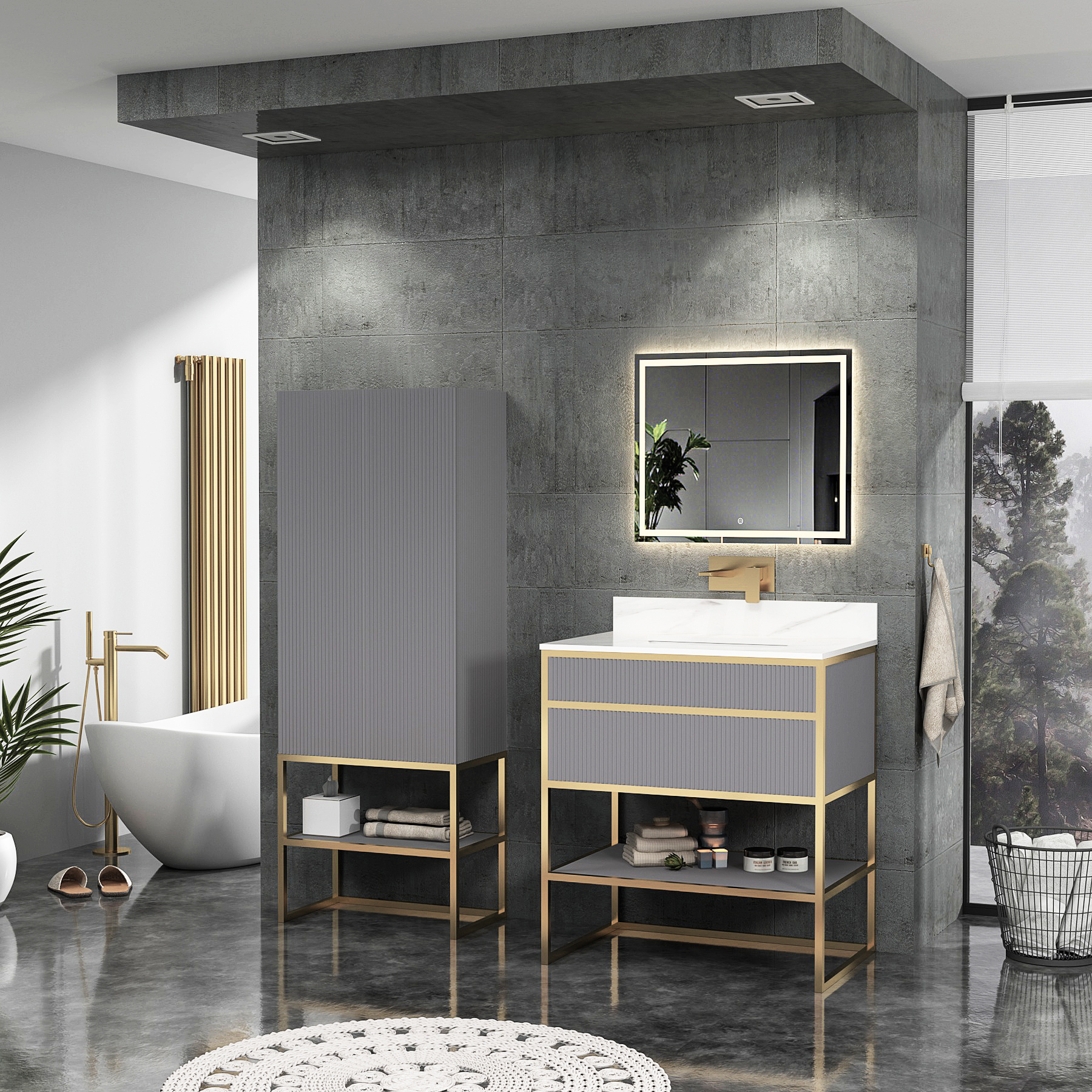 Vienna Rock Grey Push Drawer Vanity Unit with Brushed Brass Frame ...