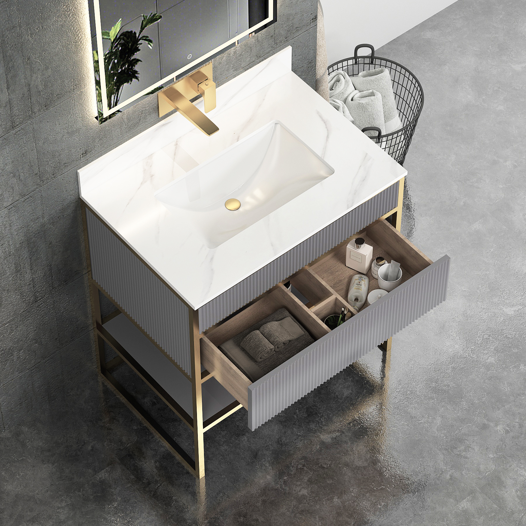 Vienna Rock Grey Push Drawer Vanity Unit with Brushed Brass Frame ...