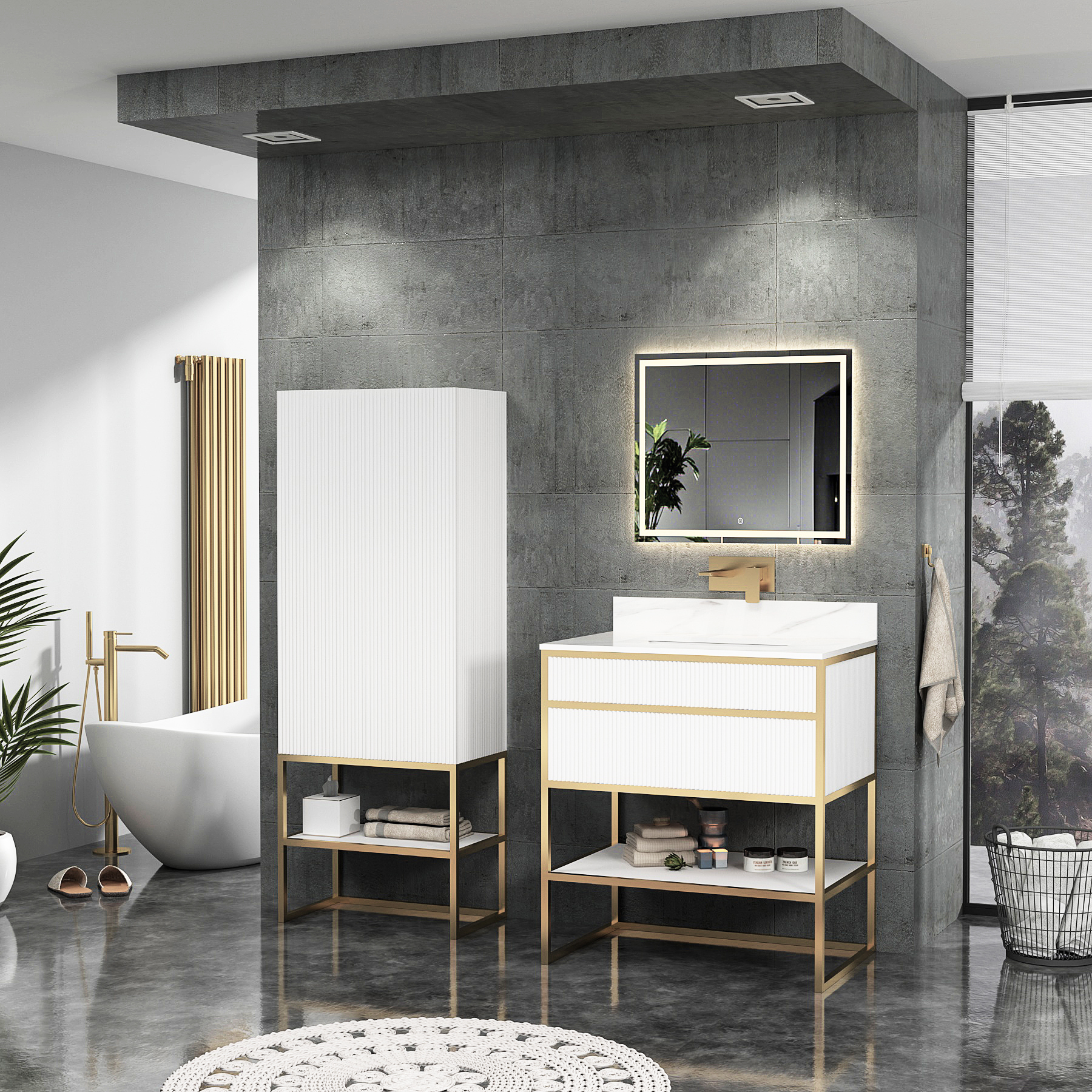 Vienna Matt White Push Drawer Vanity Unit with Brushed Brass Frame ...