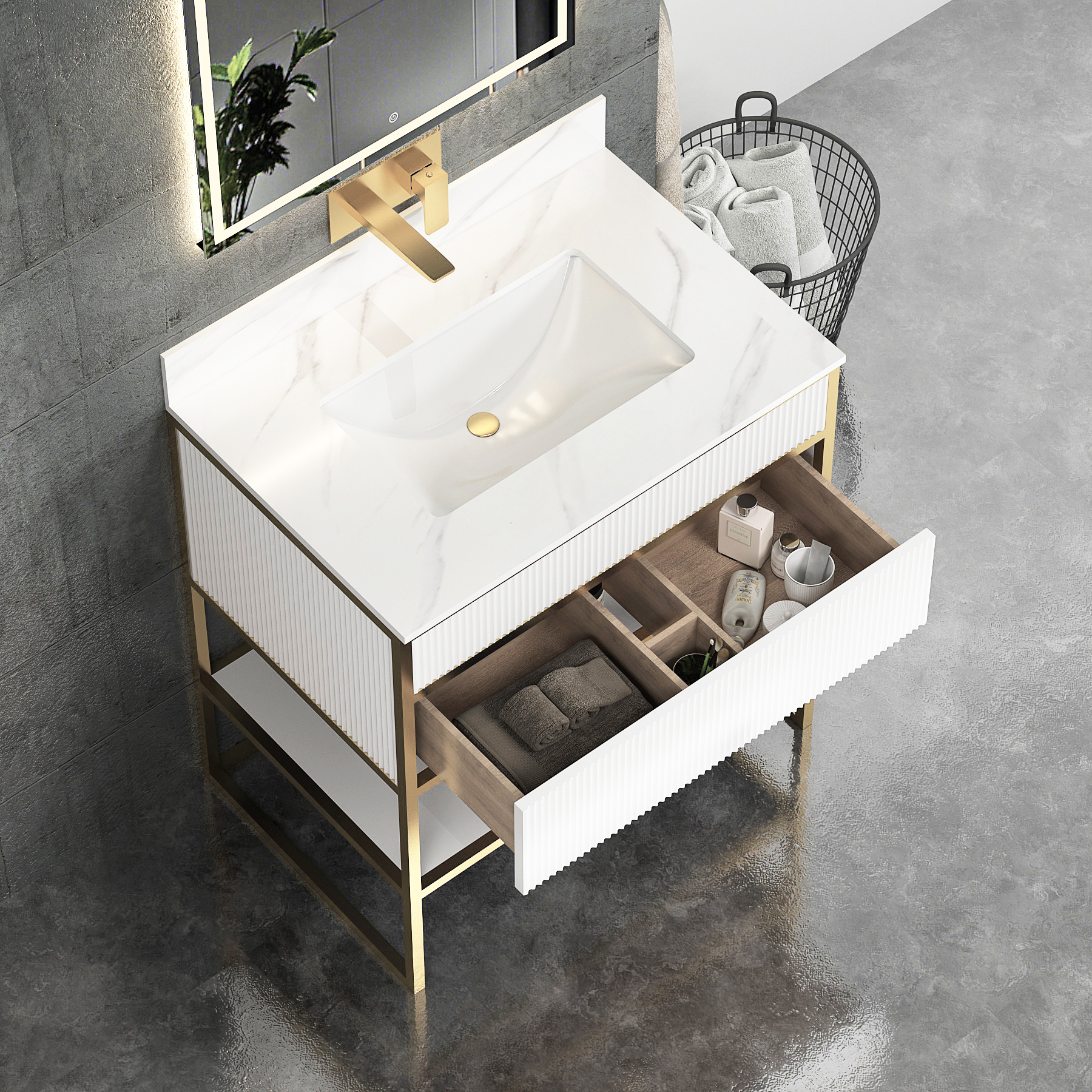 Vienna Matt White Push Drawer Vanity Unit with Brushed Brass Frame ...