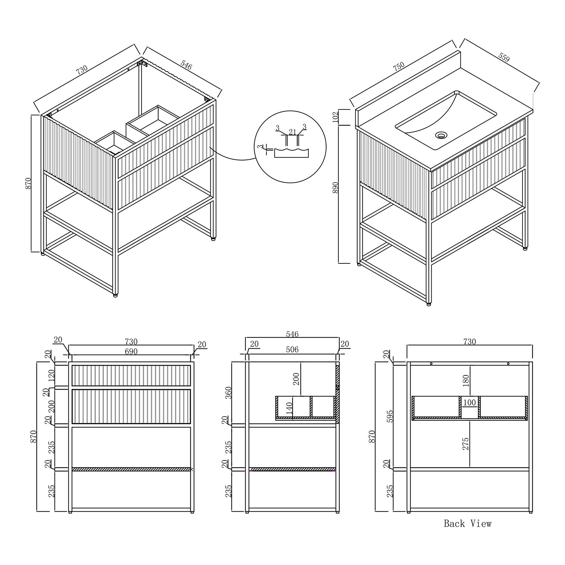 Vienna 750mm Matt White Vanity Unit with Brushed Brass Frame & Carrara ...