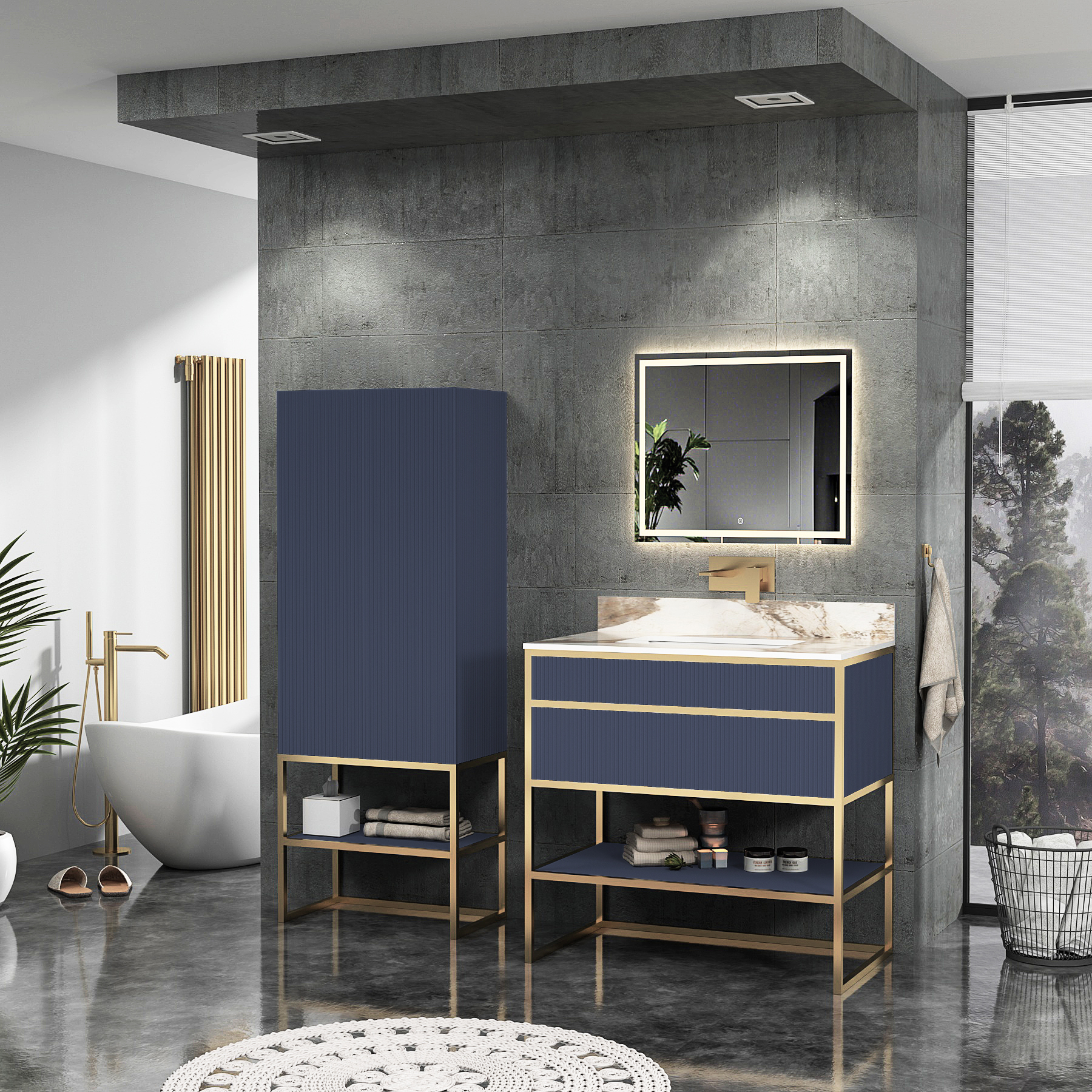 Vienna Navy Blue Push Drawer Vanity Unit with Brushed Brass Frame ...