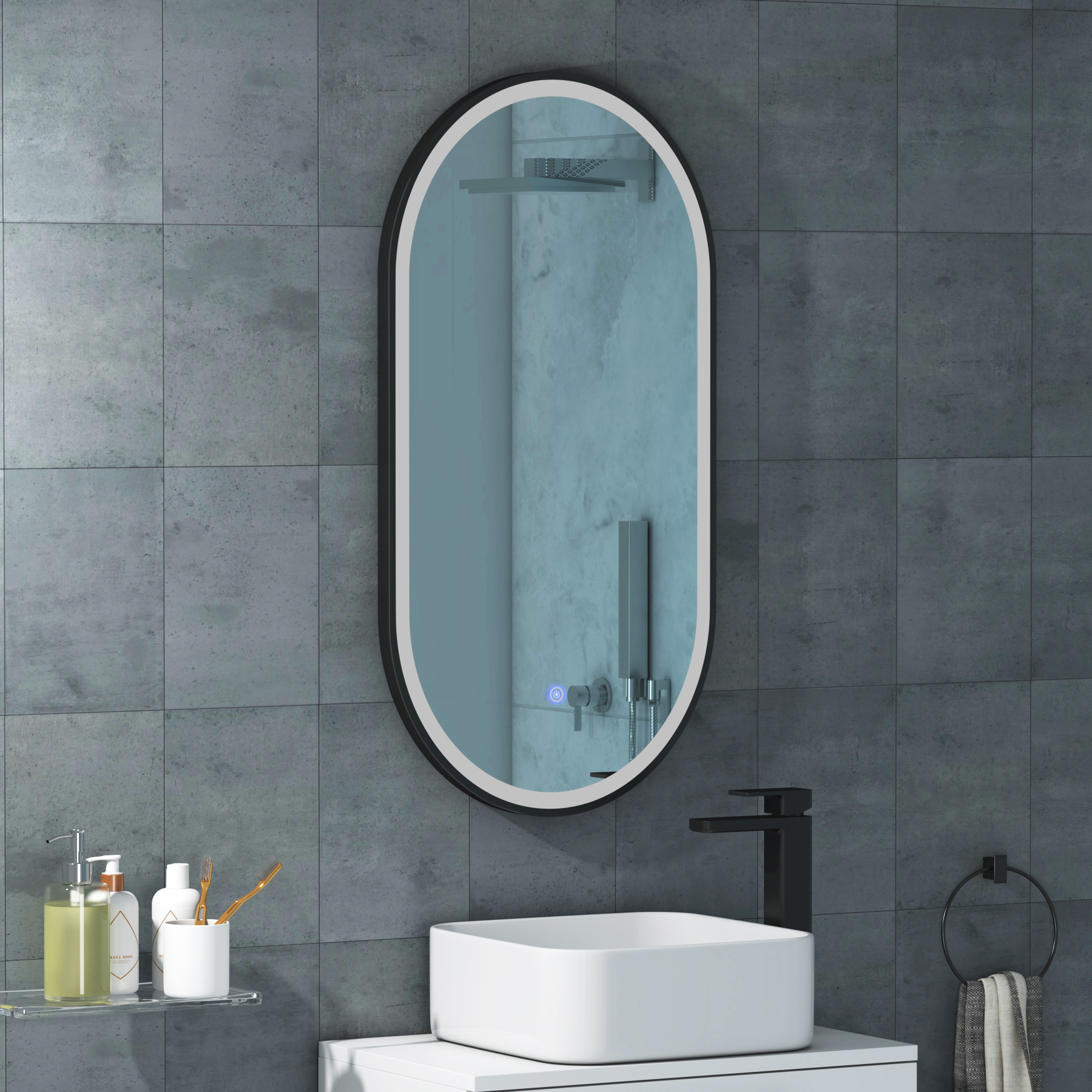 Elite 450 x 900mm Black LED Illuminated Framed Capsule Bathroom Mirror ...