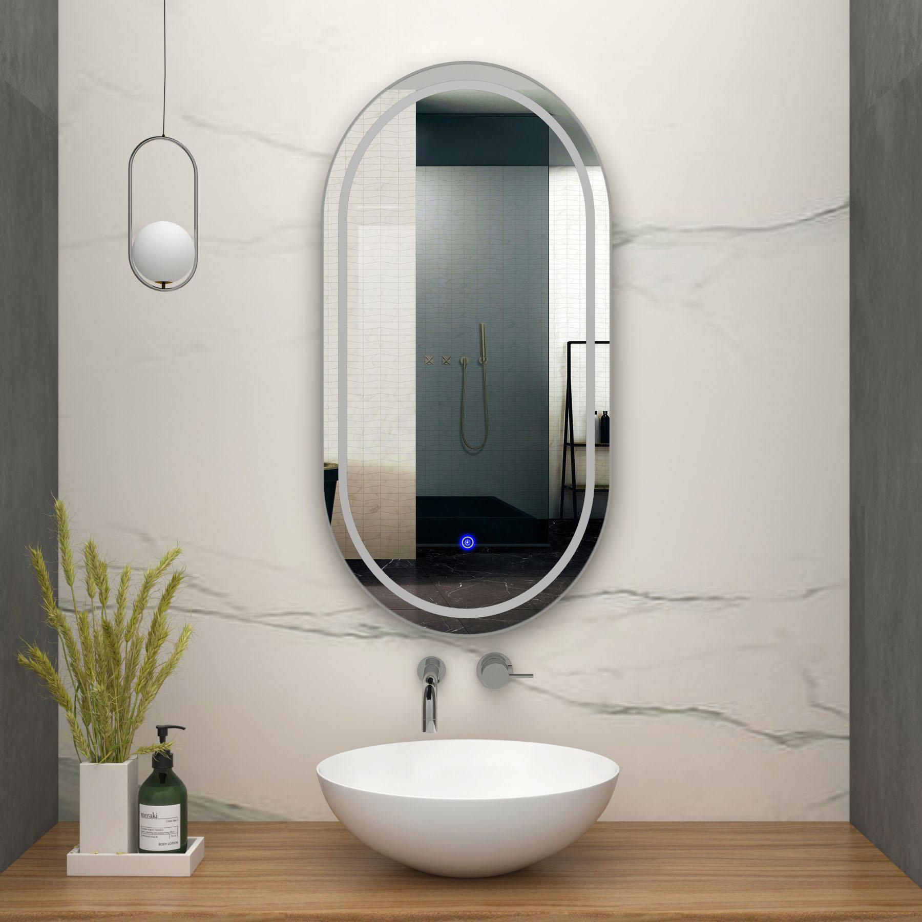 Elite 450 x 900mm Chrome LED Framed Capsule Mirror with Demister Pad ...