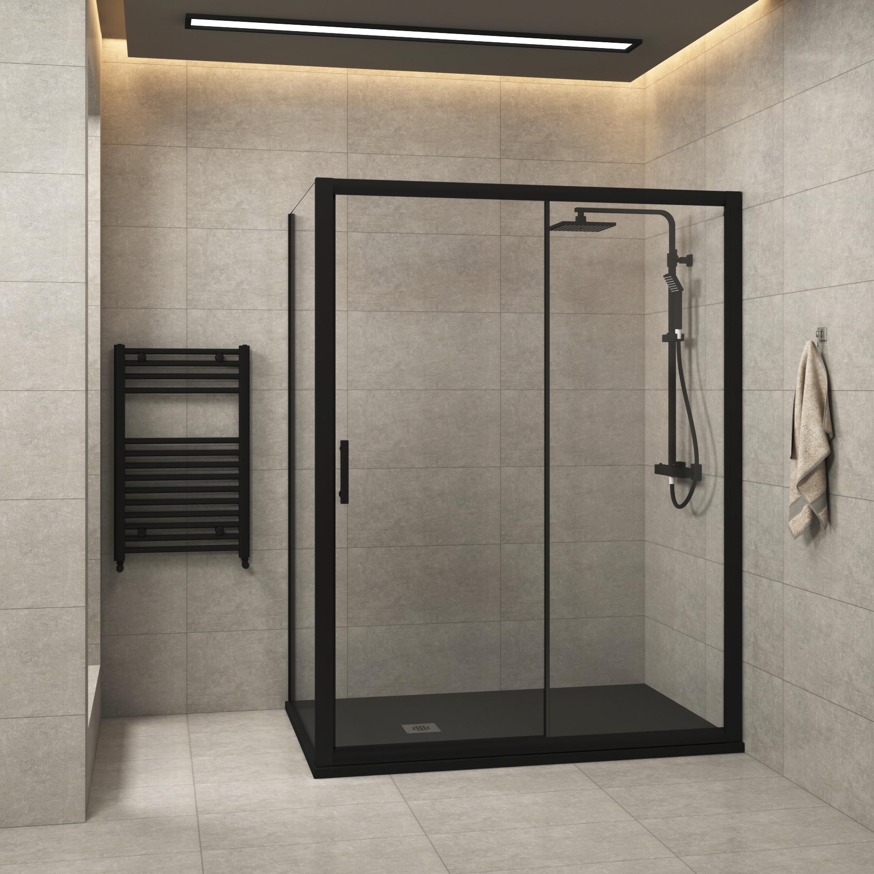 Milan 1200 x 700mm Sliding Door Rectangle Shower Enclosure 6mm With Tray Matt Black Royal Bathrooms
