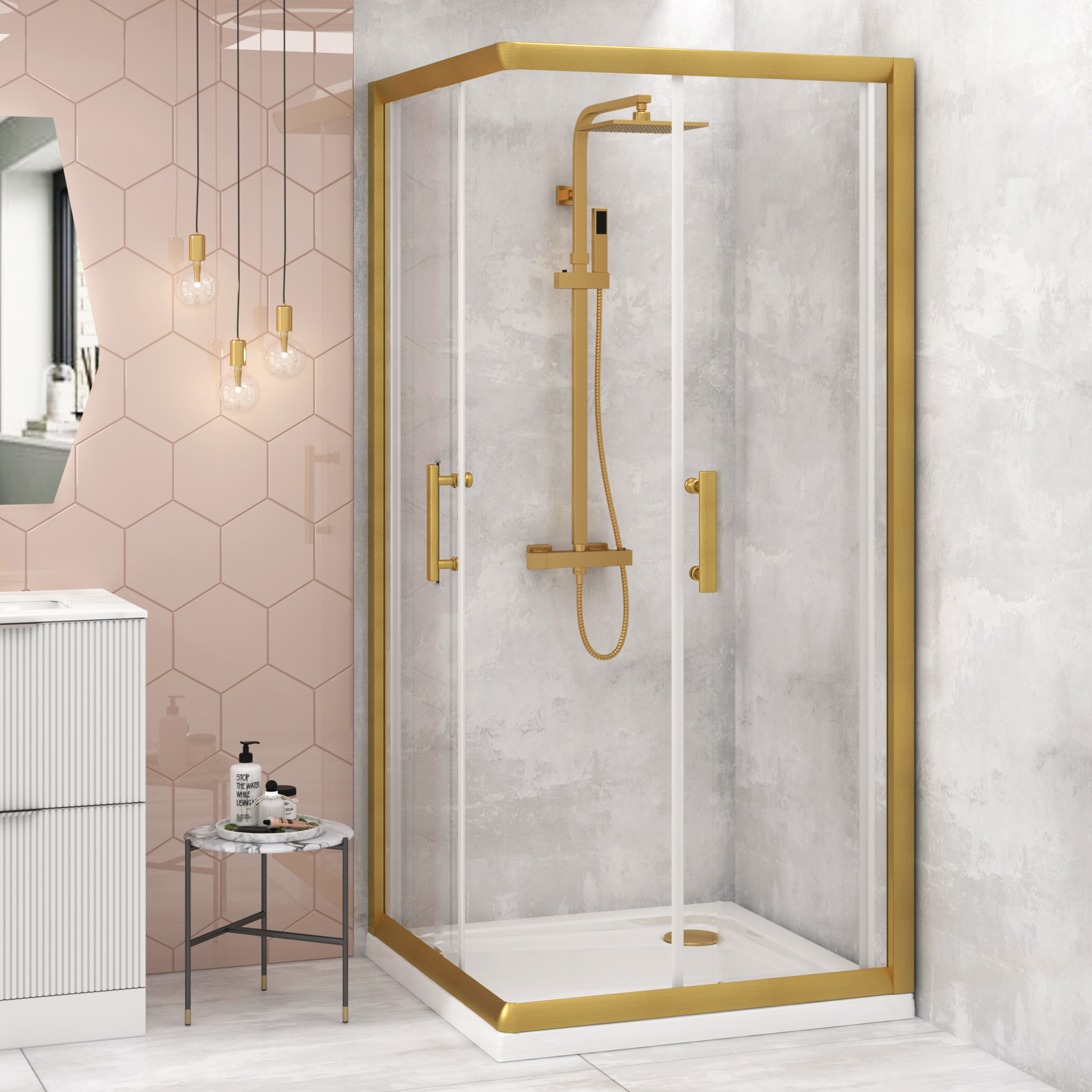 Venice Brushed Brass Square Corner Entry Sliding Door Shower Enclosure ...