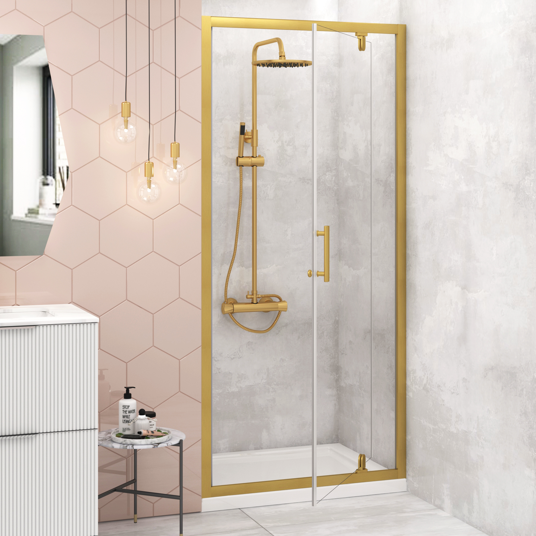 Venice 1000mm Brushed Brass Pivot Shower Door - 6mm Glass | Royal Bathrooms