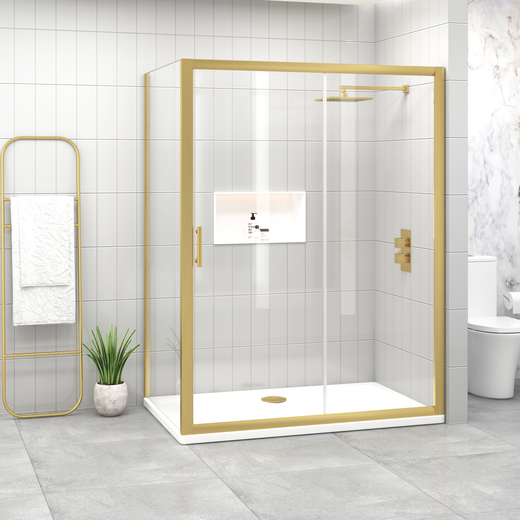 Venice 6mm Brushed Brass Sliding Door Rectangular Shower Enclosure ...