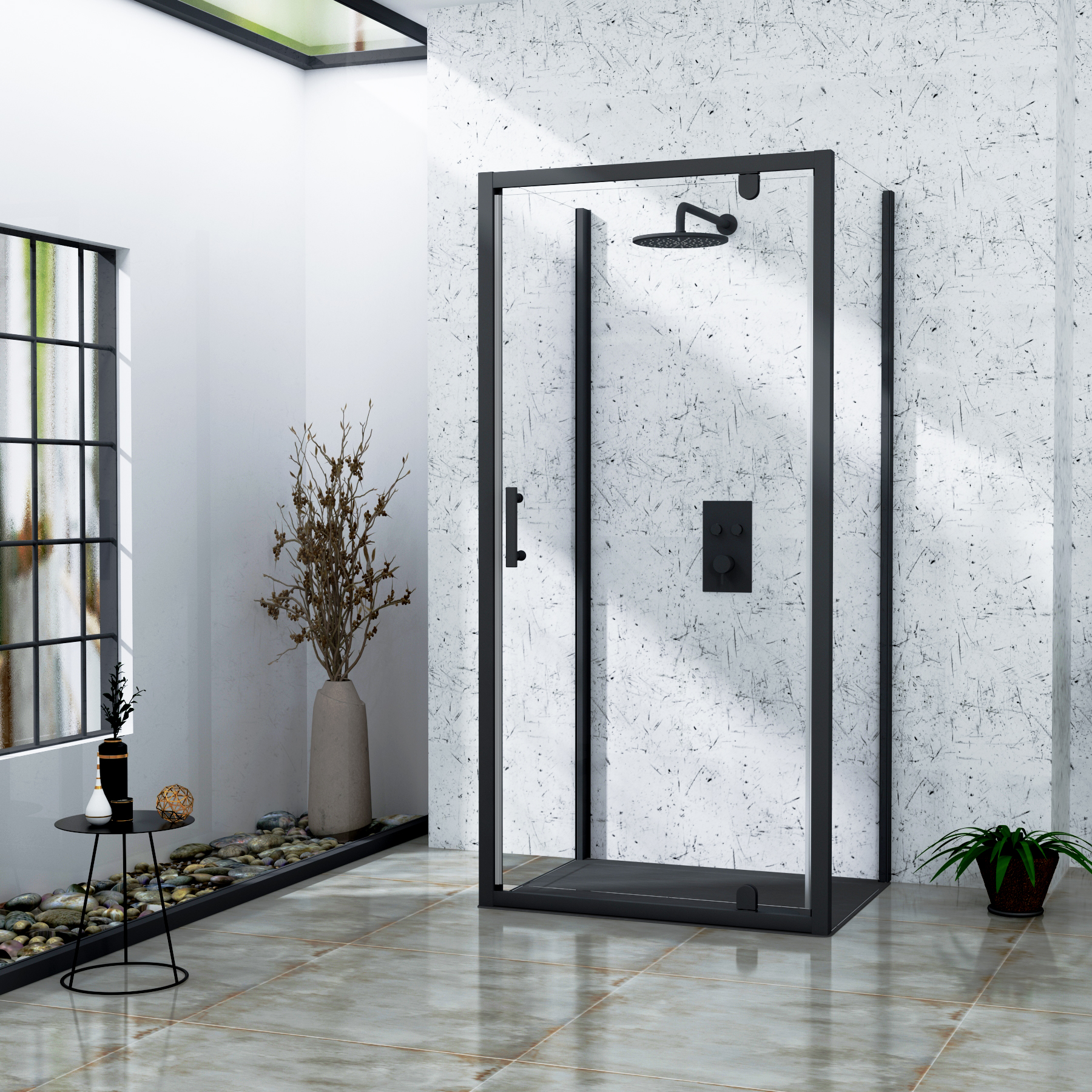 Milan Matt Black Sqaure Pivot Door 3-Sided Shower Enclosure 6mm Glass ...