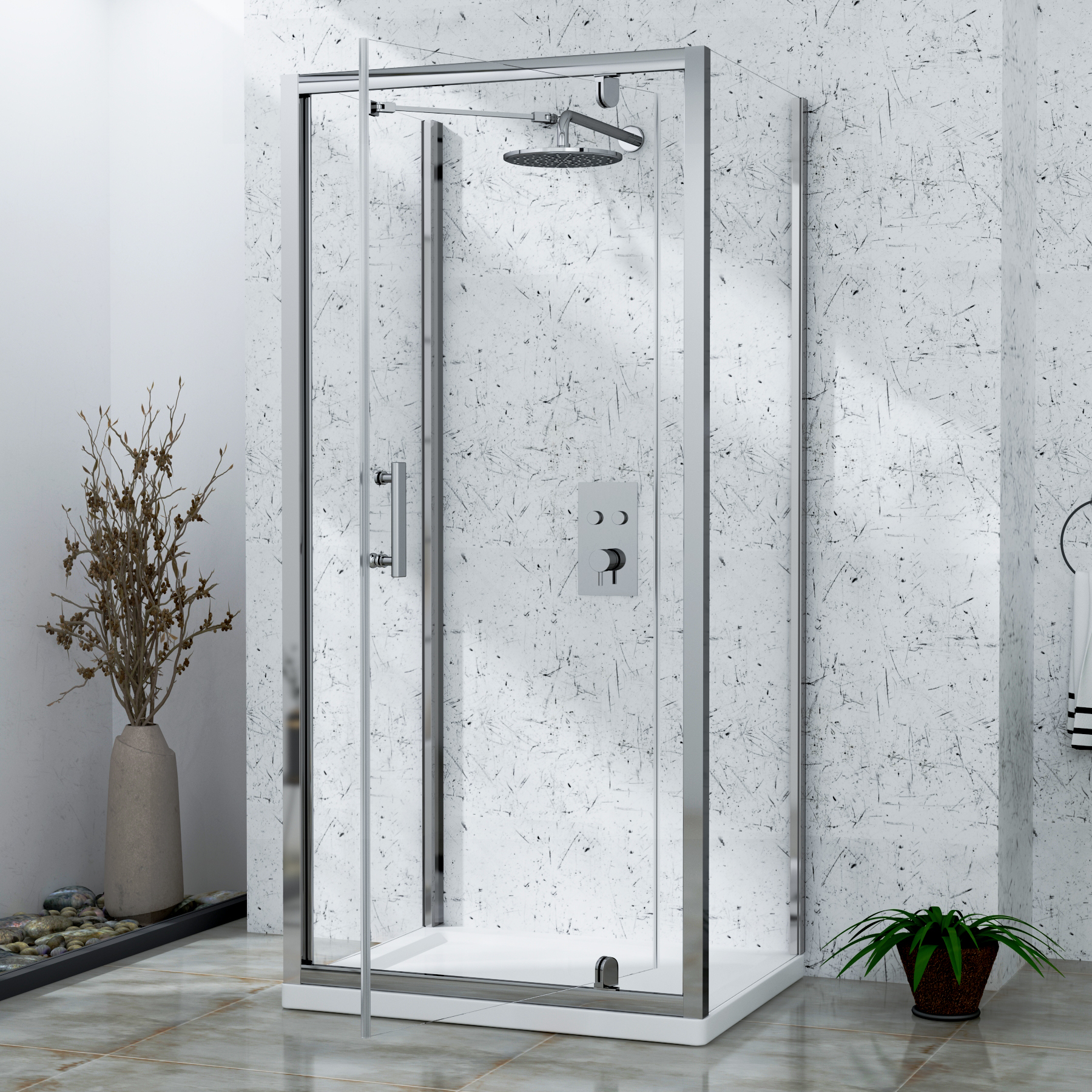 Cube Chrome Rectangular Pivot Door 3-Sided Shower Enclosure 6mm Glass ...