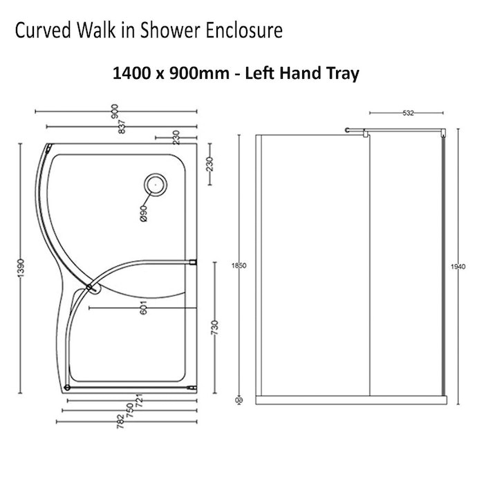 Milan 1400 x 900mm Curved Walk In Enclosure 8mm Glass + LH Tray ...