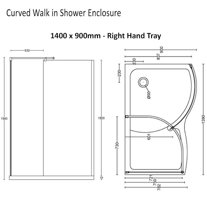 Milan 1400 x 900mm Curved Walk In Enclosure 8mm Glass + RH Tray ...