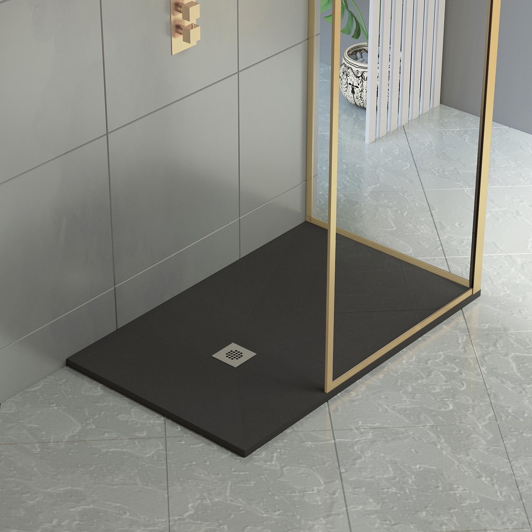 LuxeFlo Rectangular Black Slate Effect Shower Tray 1400 x 900 x 30 with ...
