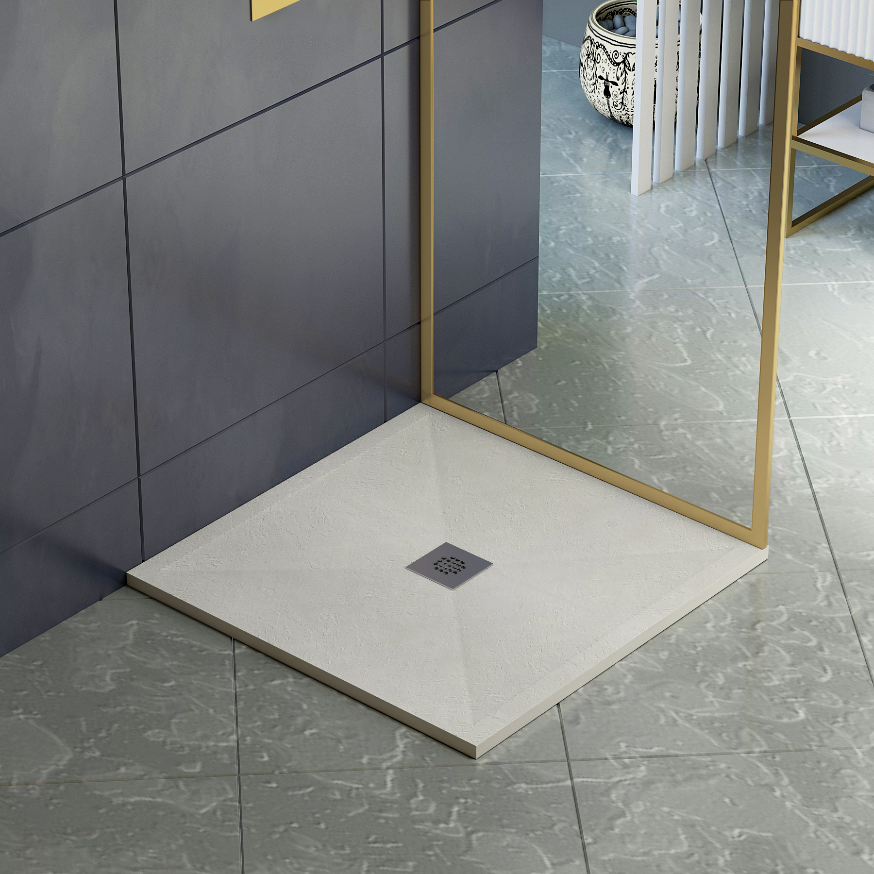 LuxeFlo Square White Slate Effect Shower Tray with Waste & Chrome Grate ...