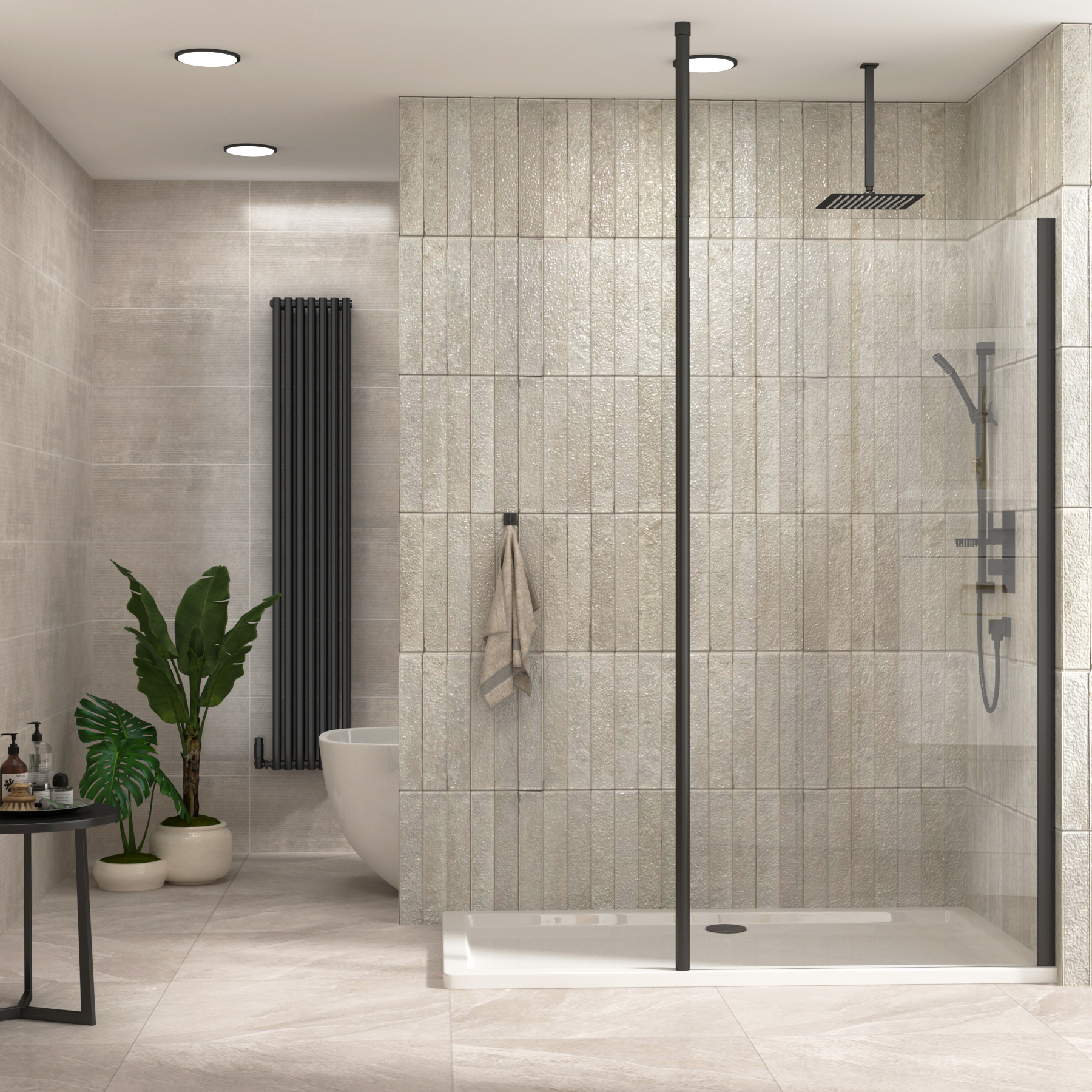 Marbella Wet Room Walk In Shower Screen 8mm - Matt Black Ceiling Post ...