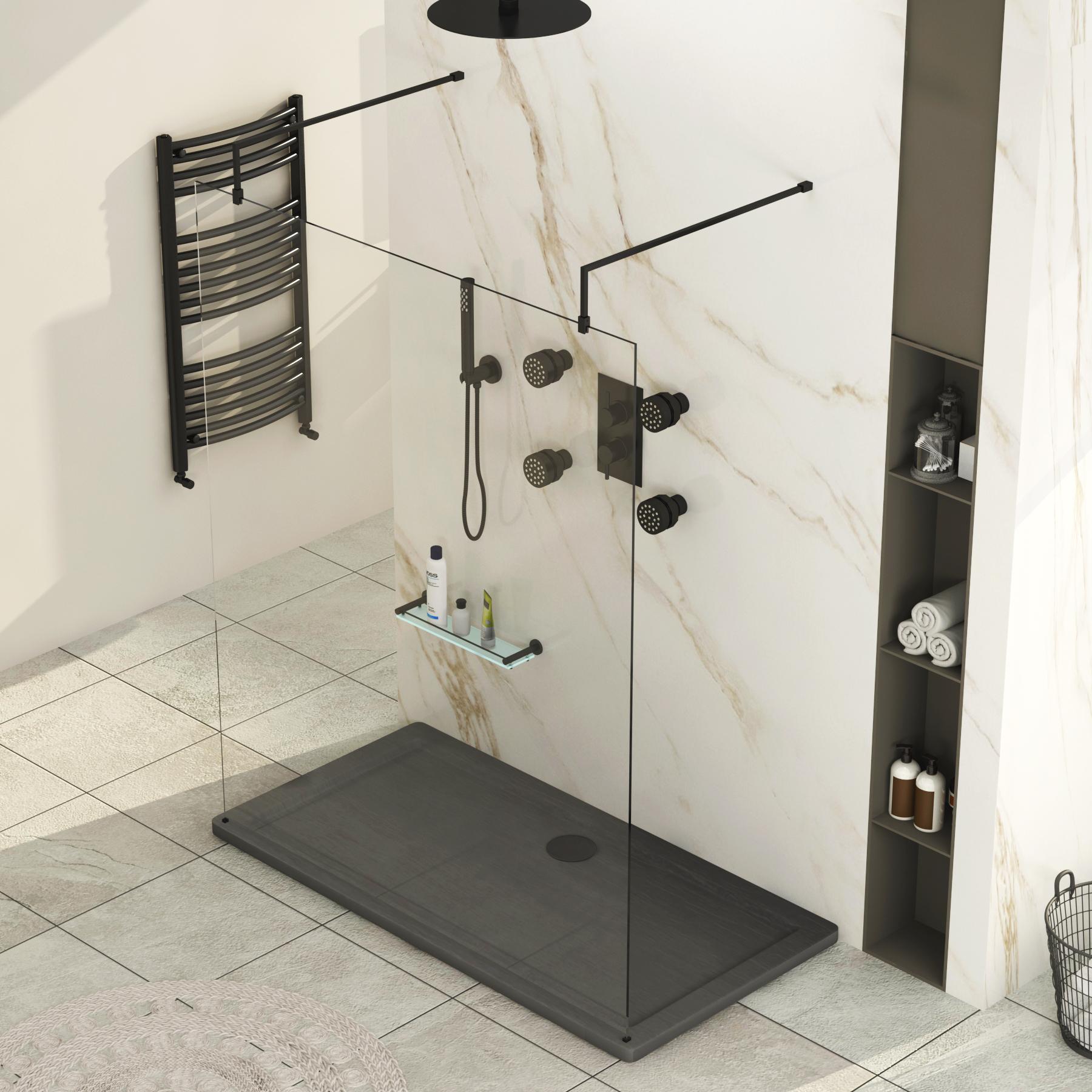 Marbella Walk Through Wet Room Shower Screen 8mm - 2 Matt Black Support ...