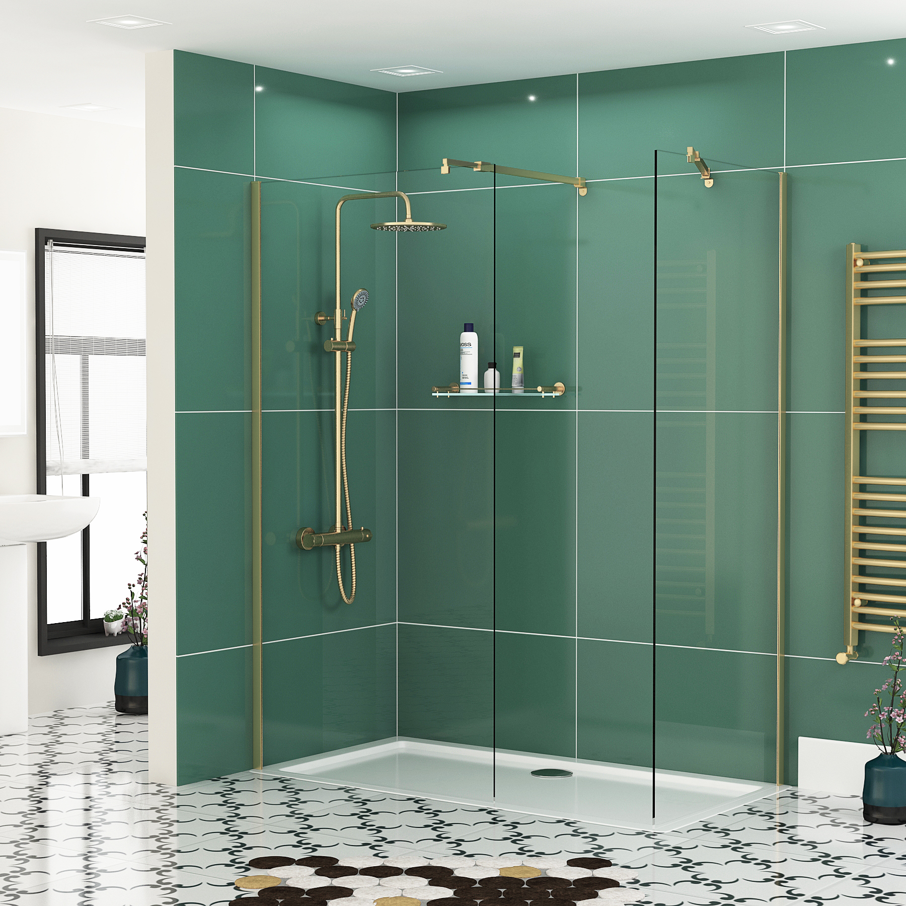 Marbella 8mm Walk In Shower Enclosure Brushed Brass with Tray Easy ...