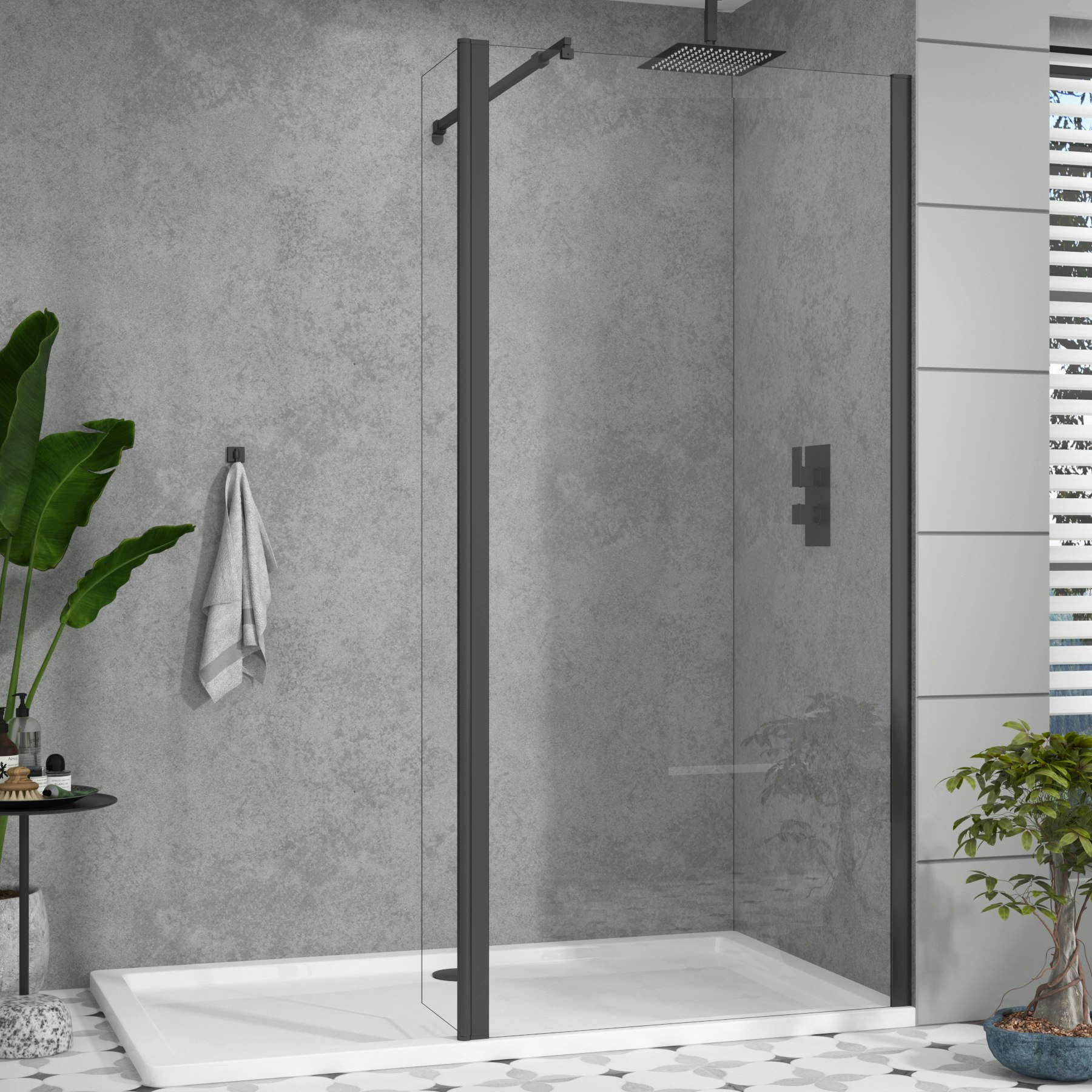 8mm Marbella Wet Room Walk In Shower Screen + Flipper Panel - Black ...