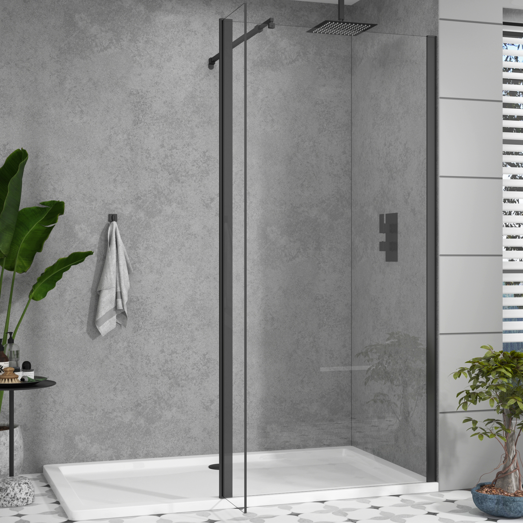 8mm Marbella Wet Room Walk In Shower Screen + Flipper Panel - Black ...