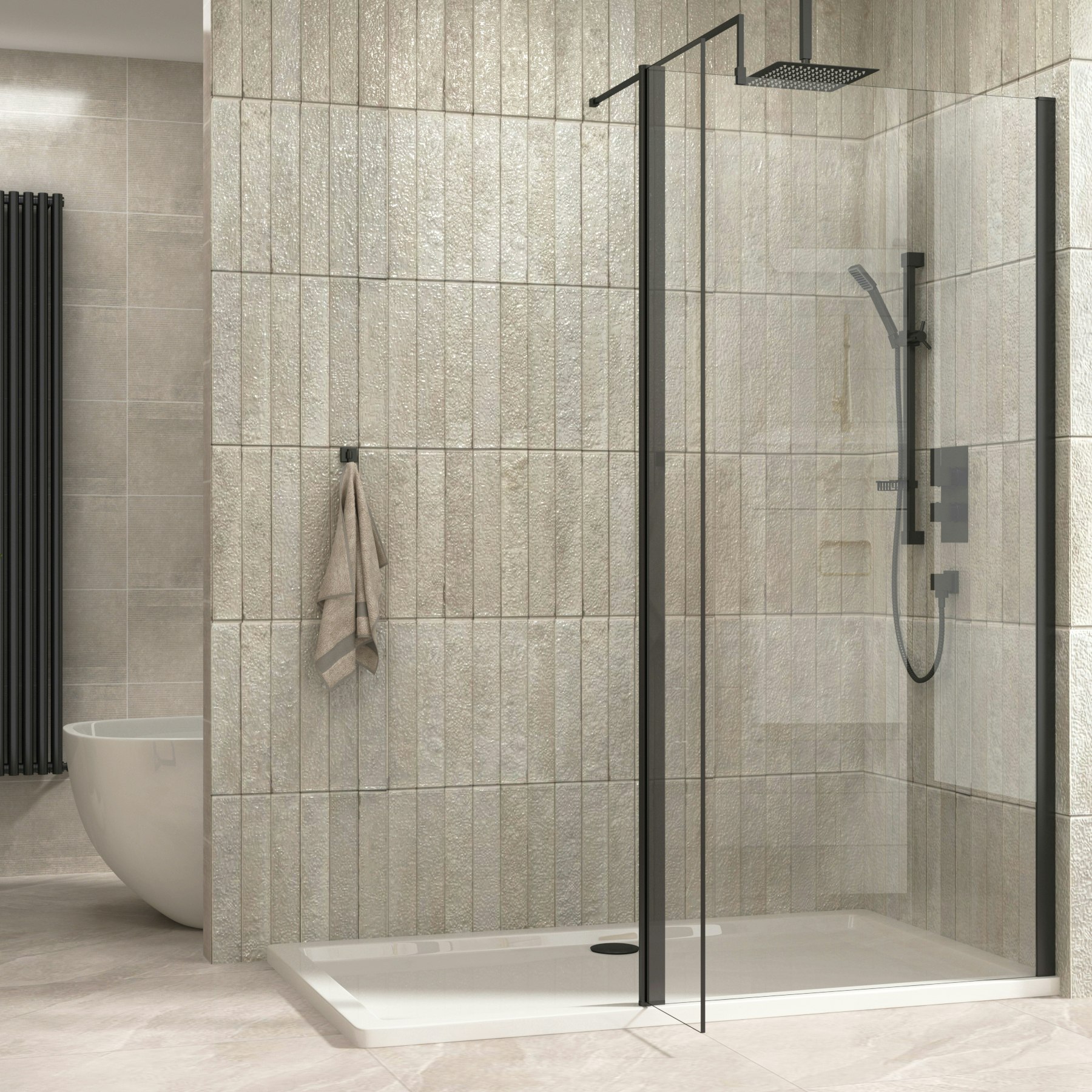8mm Marbella Wet Room Walk In Shower Screen + Flipper Panel - Black | Royal Bathrooms