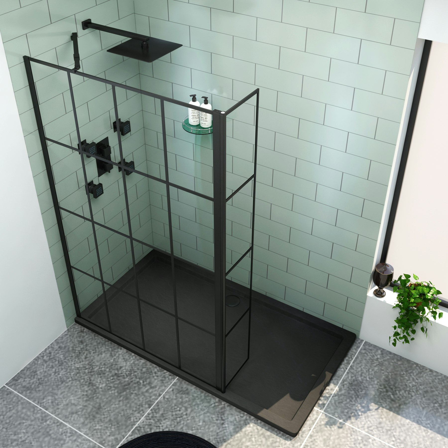 Milan Wet Room Shower Screen Matt Black Grid With Flipper Panel 8mm