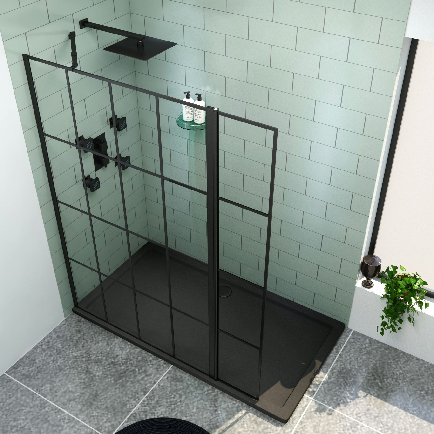 Milan Wet Room Shower Screen Matt Black Grid with Flipper Panel- 8mm ...