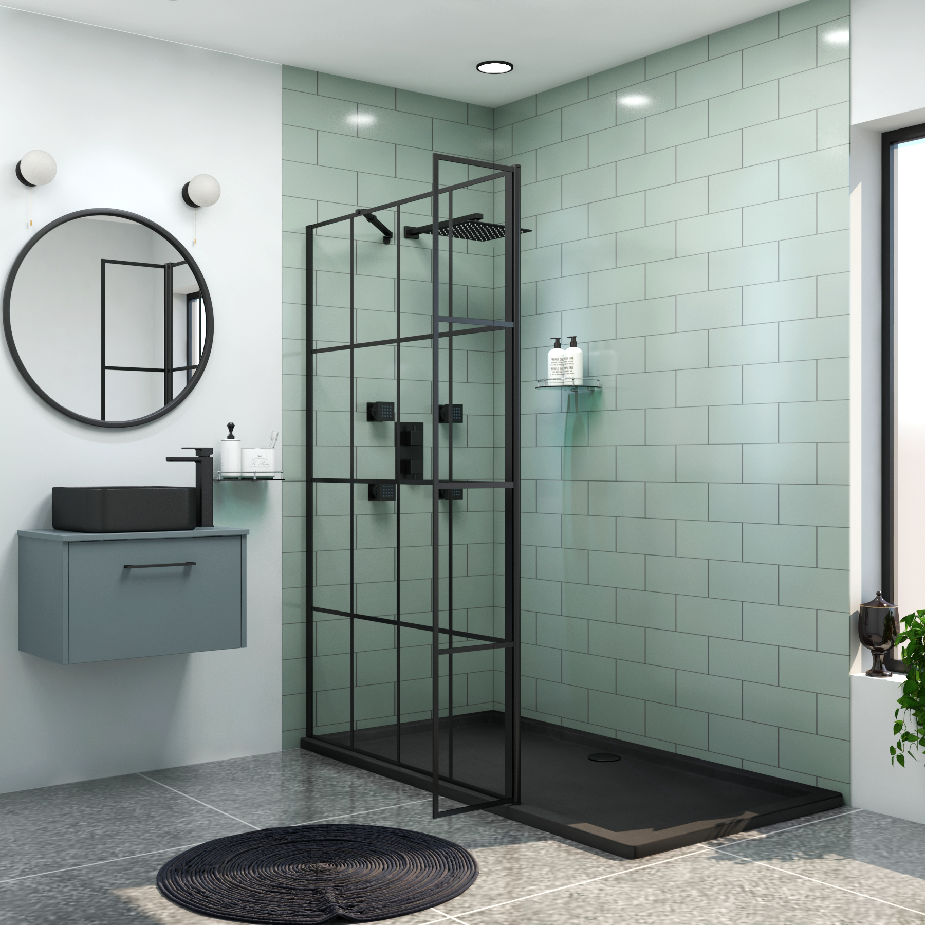 Milan Wet Room Shower Screen Matt Black Grid with Flipper Panel- 8mm ...