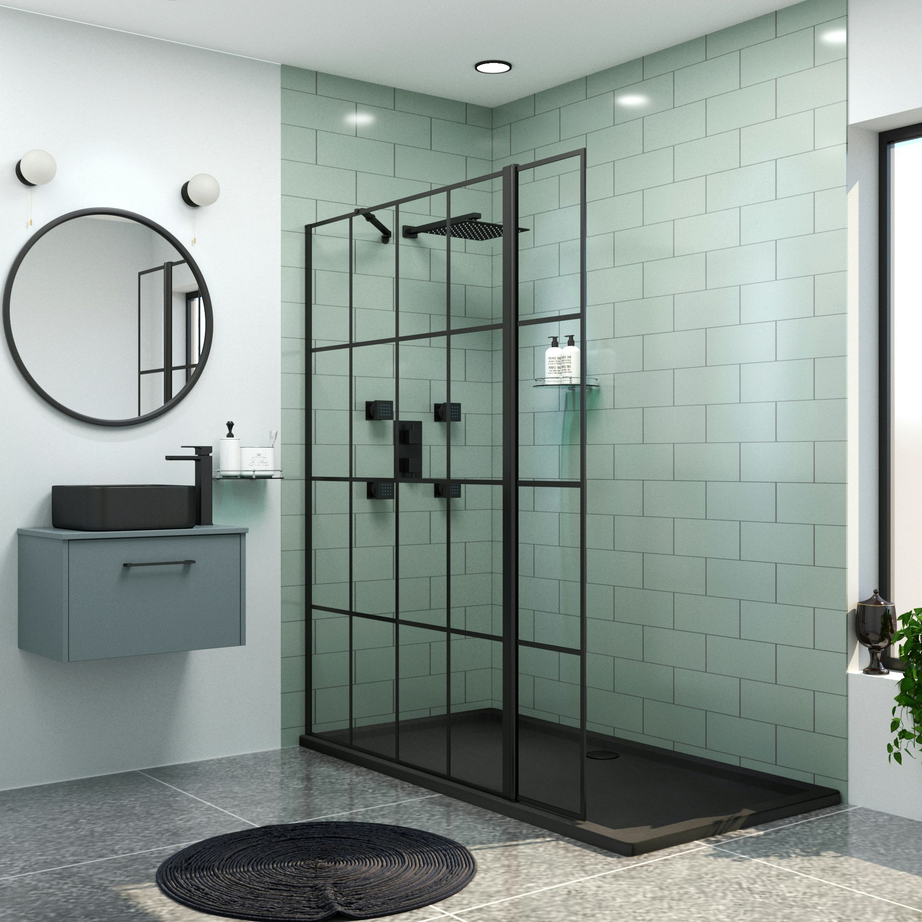 Milan 1100mm Wet Room Shower Screen Matt Black Grid with Flipper Panel ...