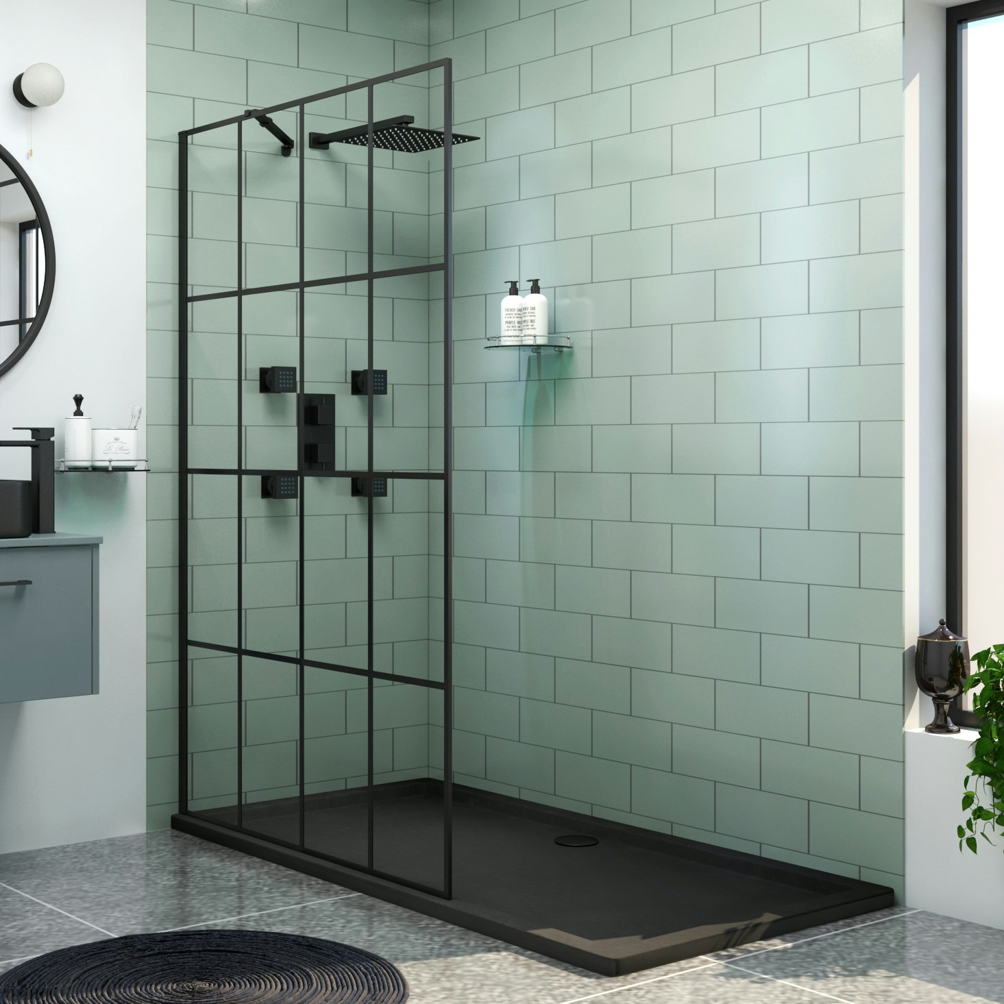Milan Wet Room Shower Screen Matt Black Grid 8mm Easy Clean Glass