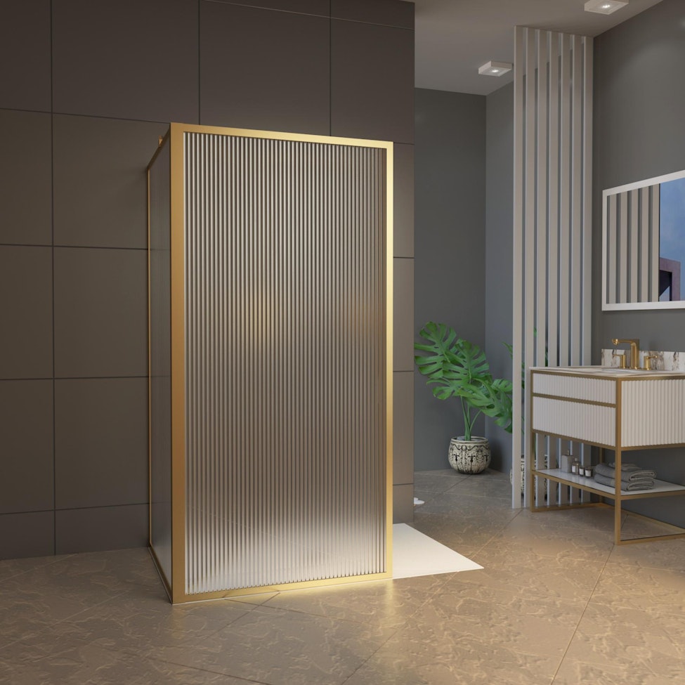 Luxor 2 Sided Walk In Fluted Shower Enclosure With Tray And Brushed Brass