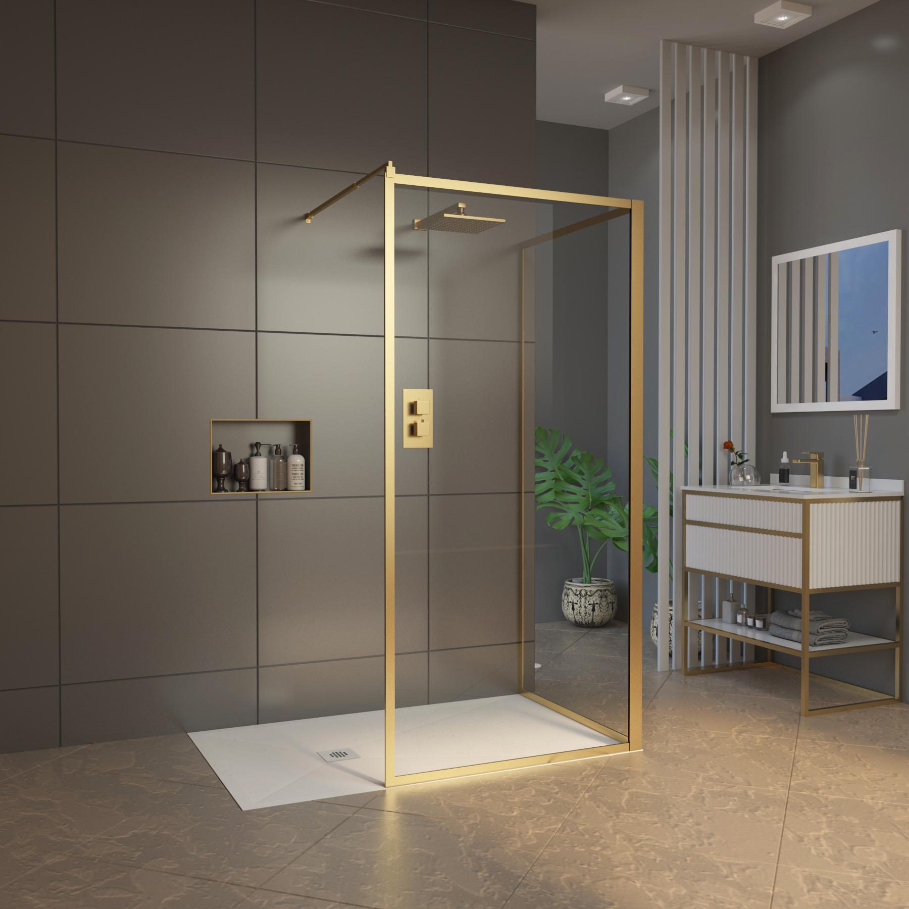 Luxor 2 Sided Walk In Shower Enclosure with Tray & Brushed Brass Frame ...