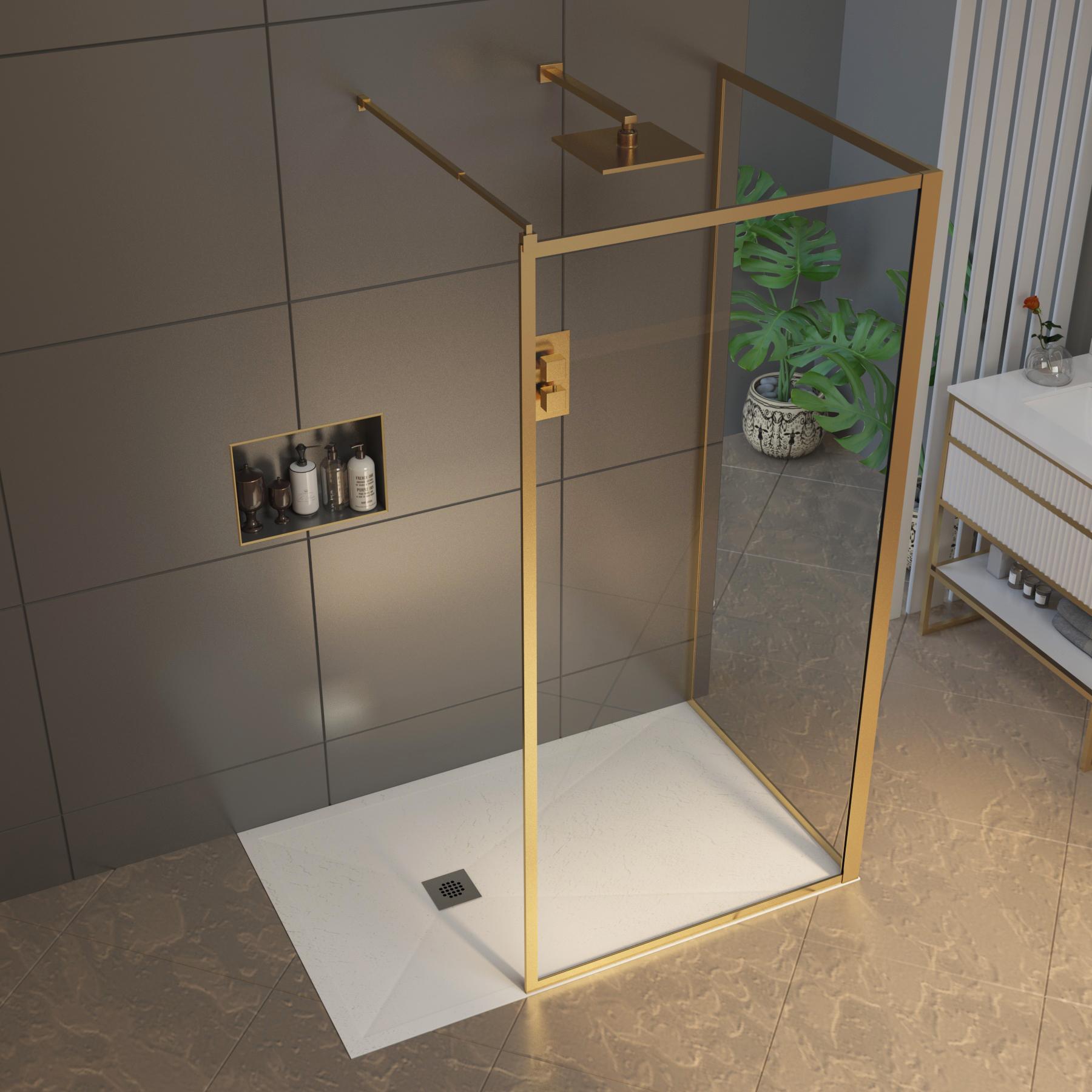 Luxor 2 Sided Walk In Shower Enclosure with Tray & Brushed Brass Frame ...