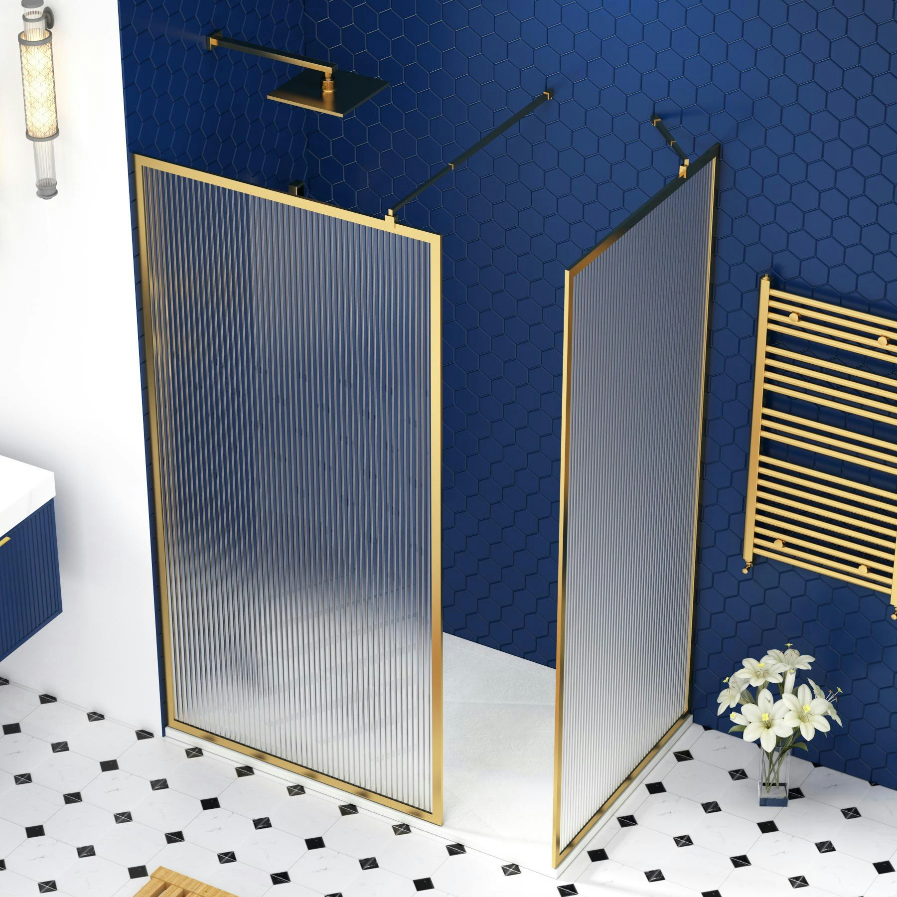 Luxor 8mm Walk In Fluted Shower Enclosure With Tray And Brushed Brass