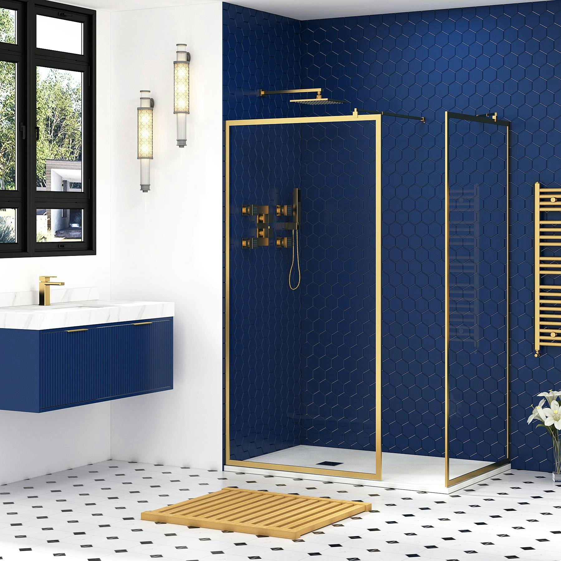 Luxor 8mm Walk In Shower Enclosure With Tray And Brushed Brass Frame