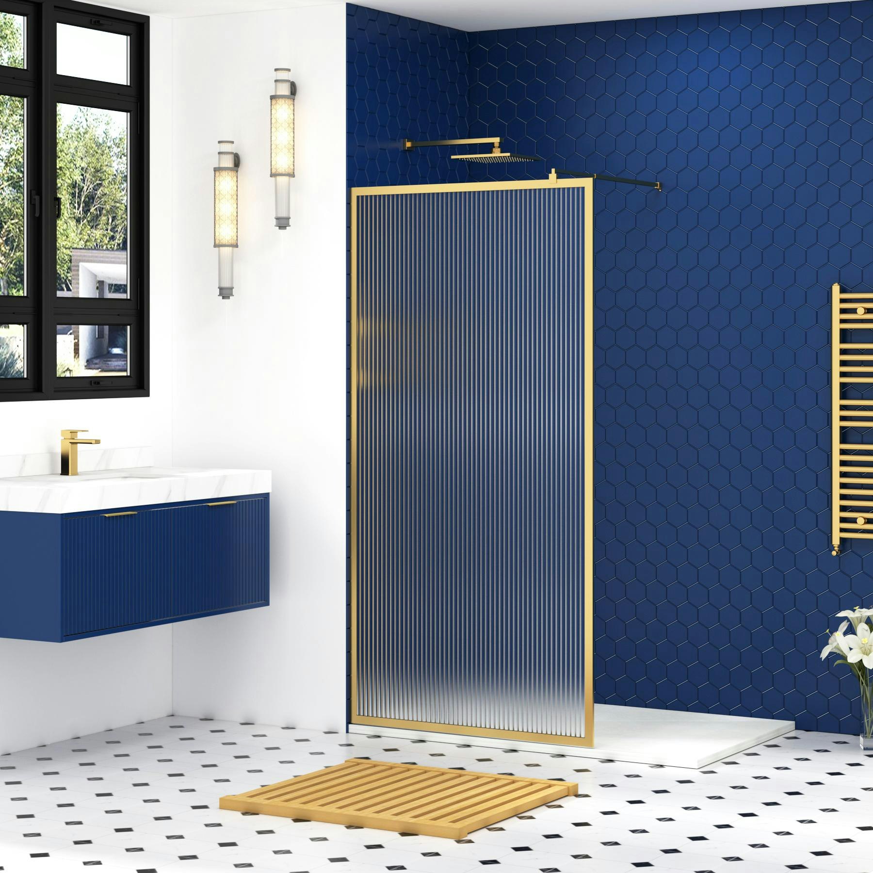 Luxor 8mm Walk In Wet Room Fluted Shower Screen With Brushed Brass