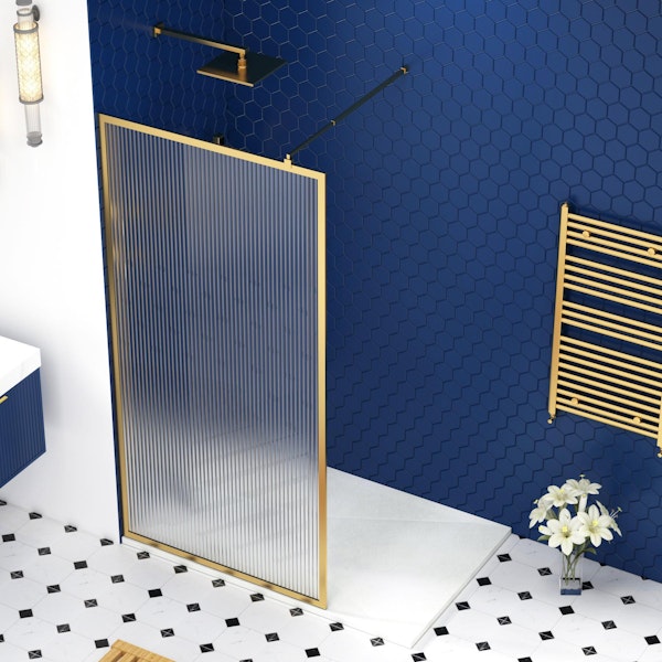 Luxor 8mm Walk In Wet Room Fluted Shower Screen With Brushed Brass
