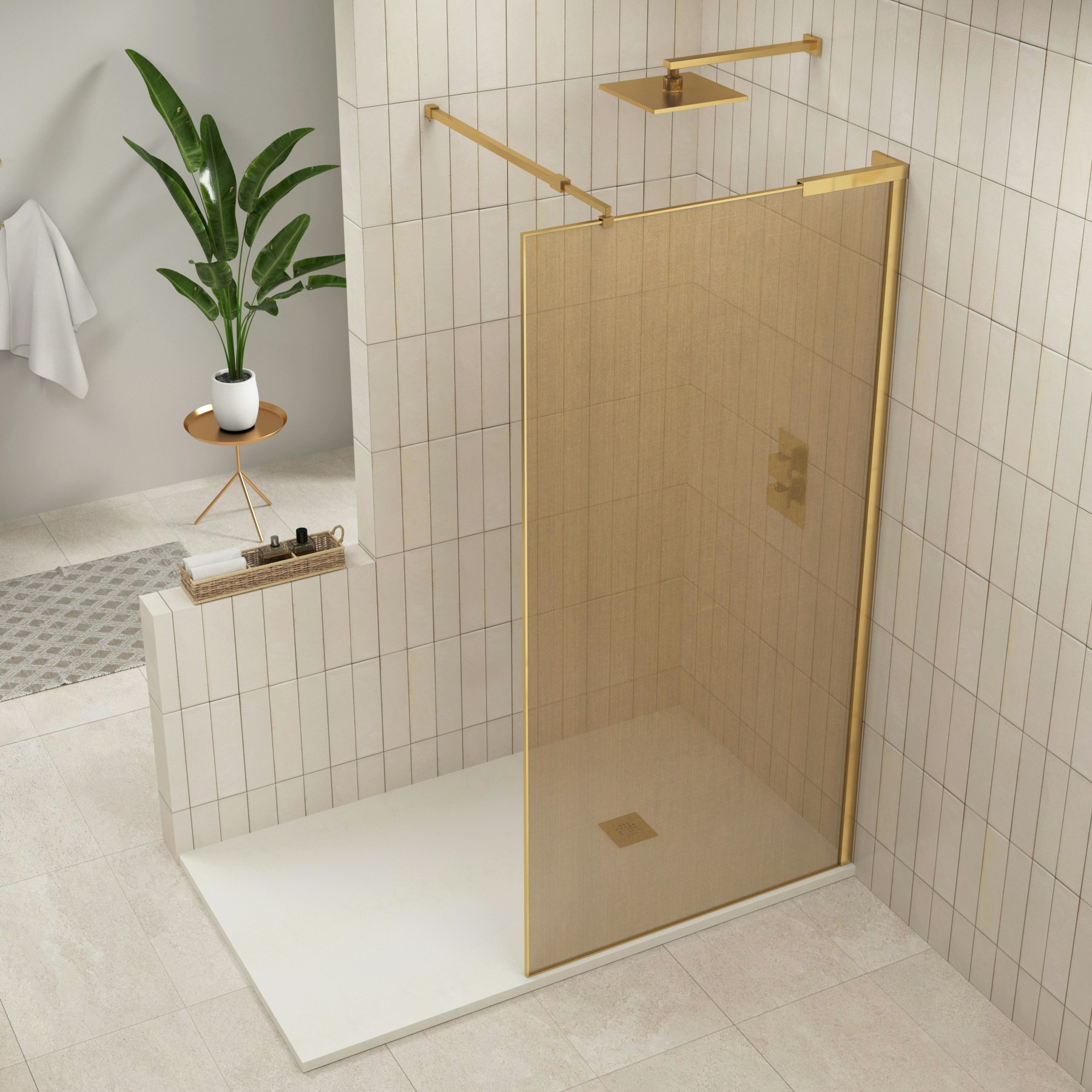 Regal Walk In Wet Room Shower Screen Stainless Steel With Brushed Brass