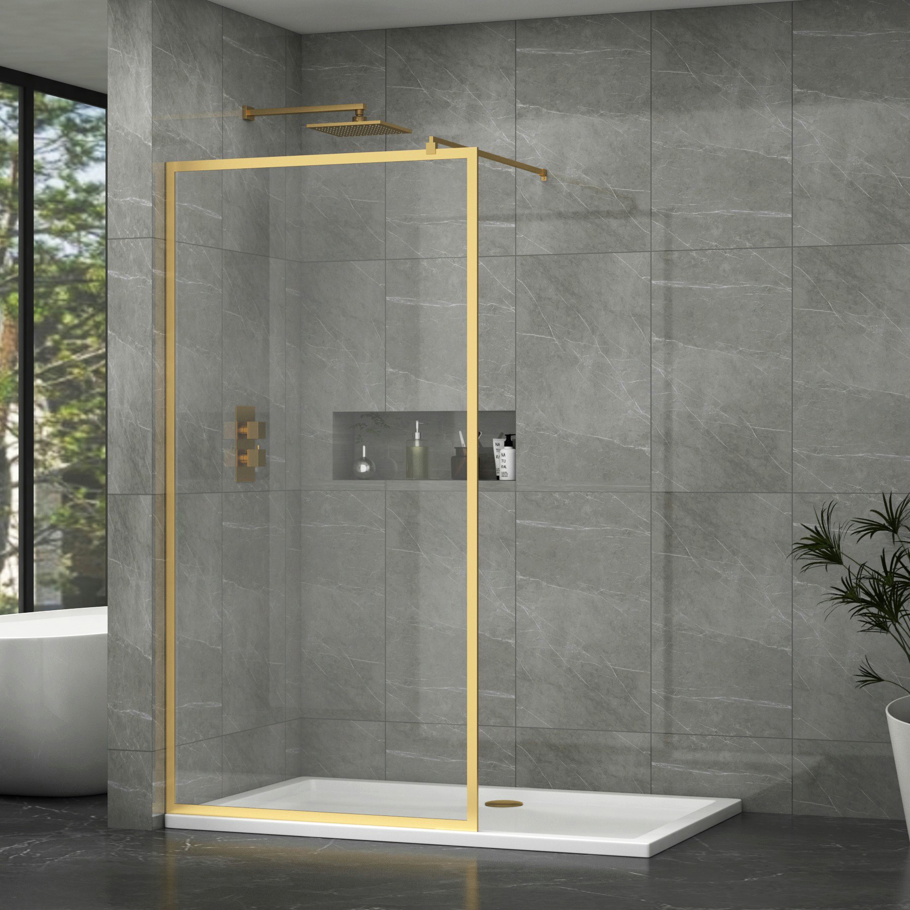 Luxor 8mm Walk In Wet Room Shower Screen With Brushed Brass Frame