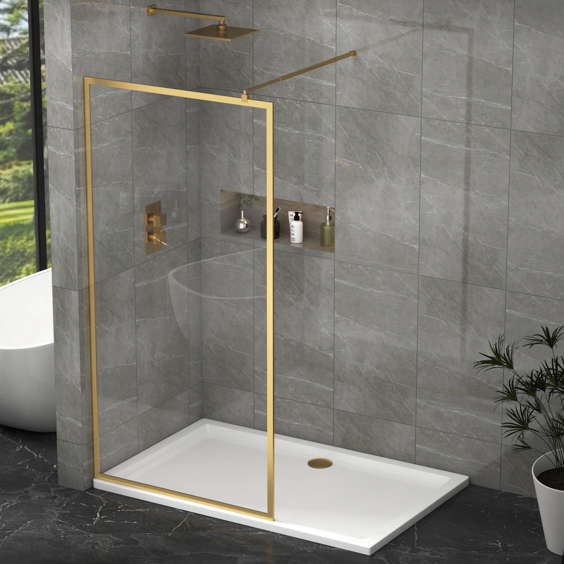 Luxor 8mm Walk In Wet Room Shower Screen with Brushed Brass Frame ...