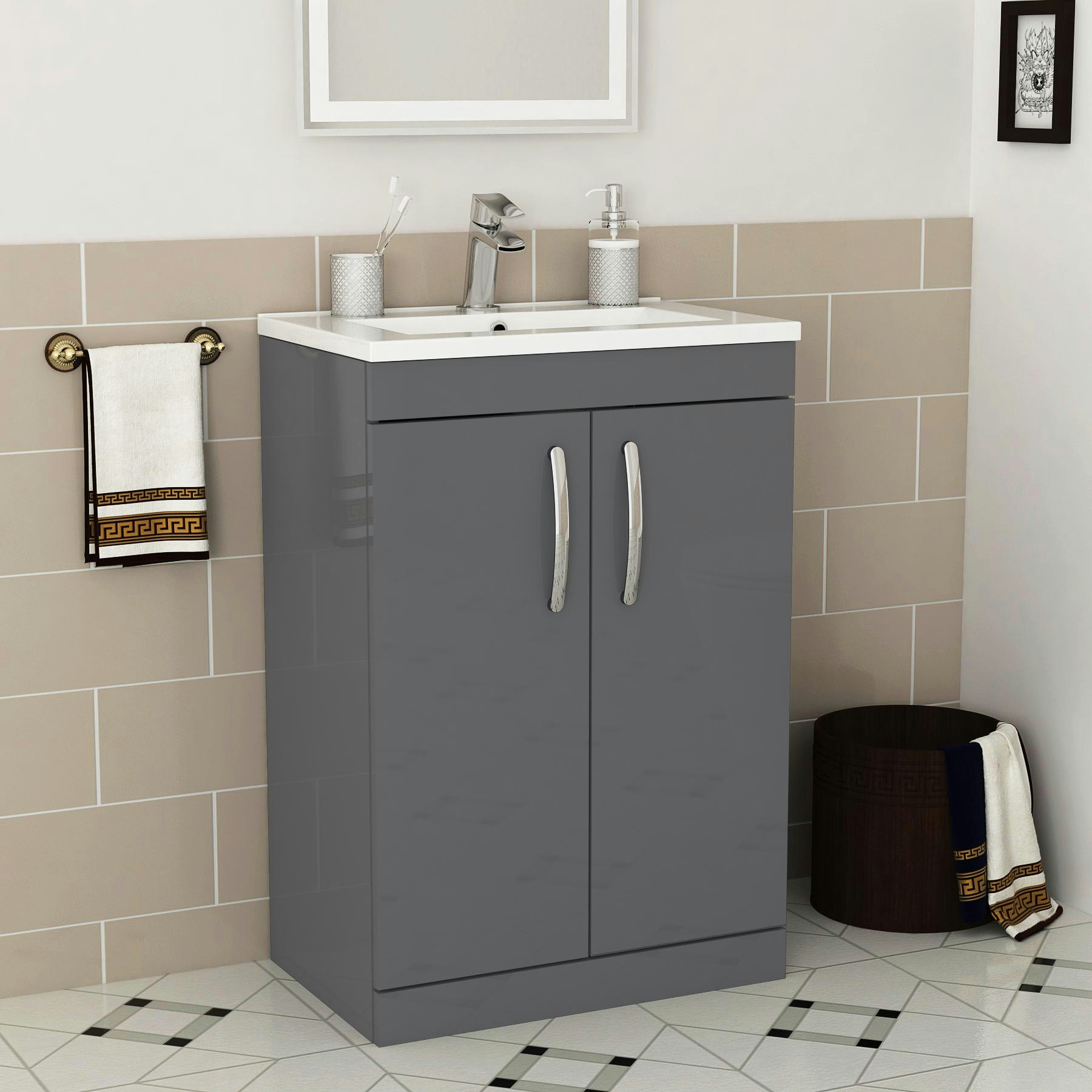 Turin 500mm Indigo Grey Gloss 2-Door Vanity Unit with Minimalist Basin ...