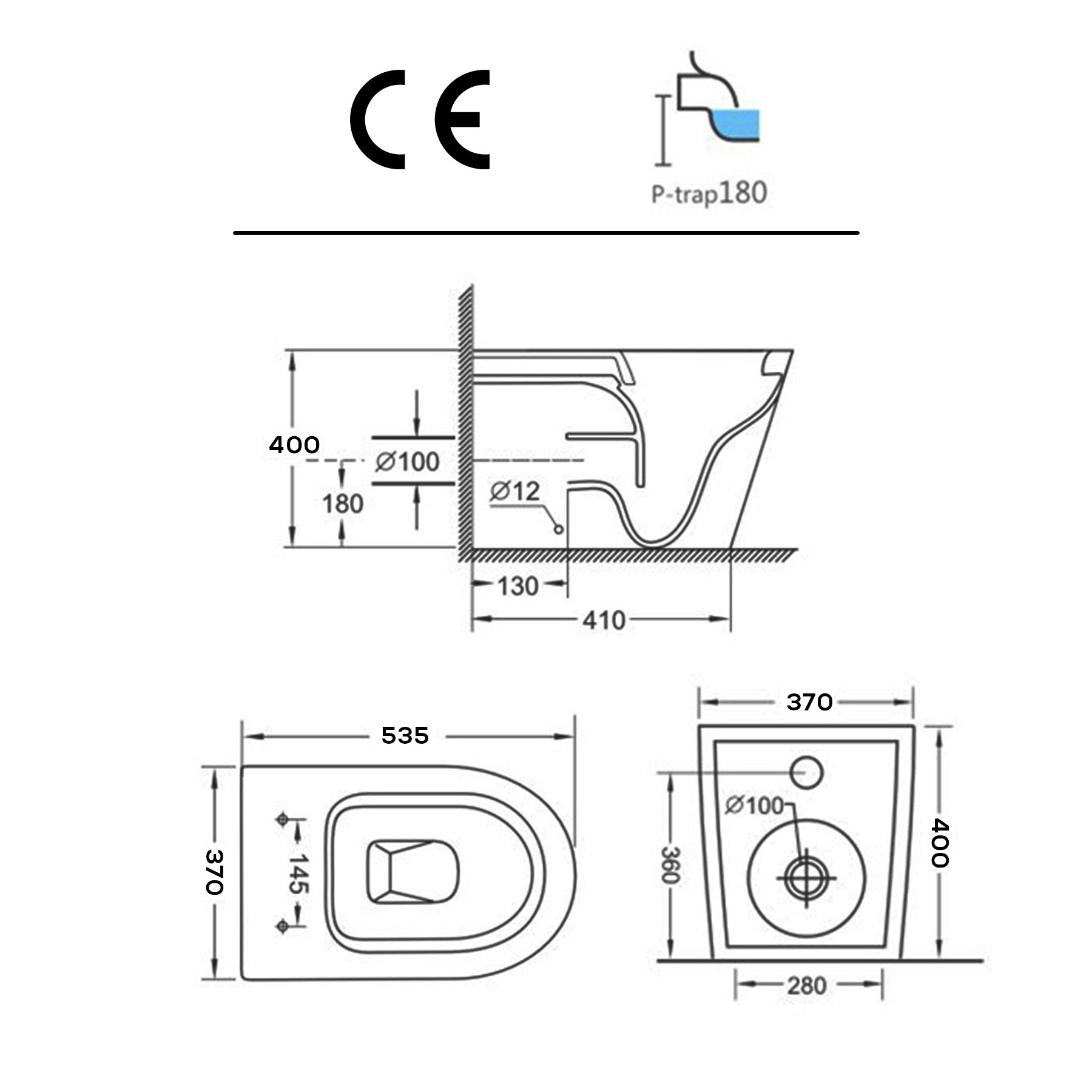 Turin 500mm Matte Black BTW WC Unit with Cesar Rimless Toilet Pan ...