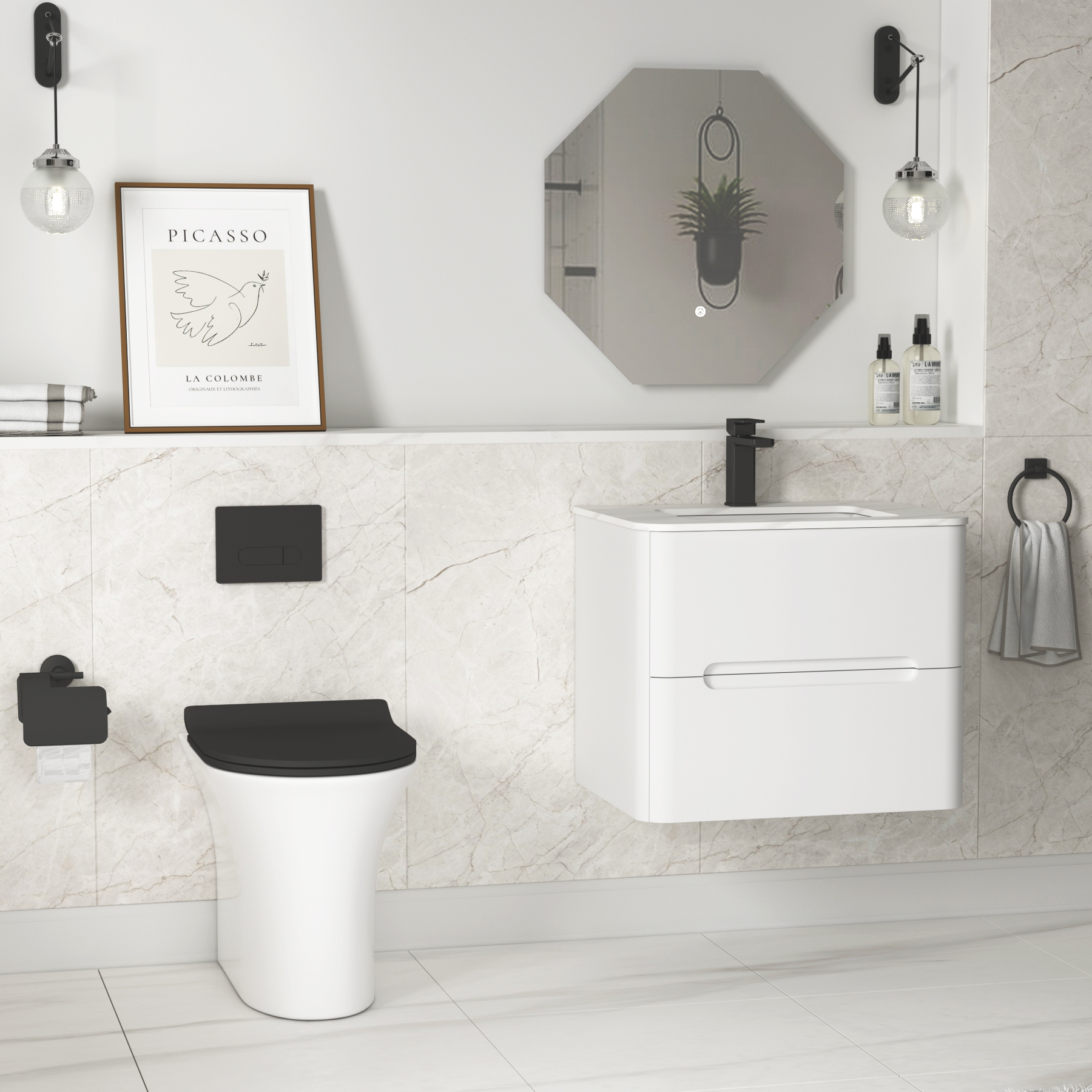 Breeze Rimless Back to Wall Toilet Pan and Slim Soft Close Black Seat ...