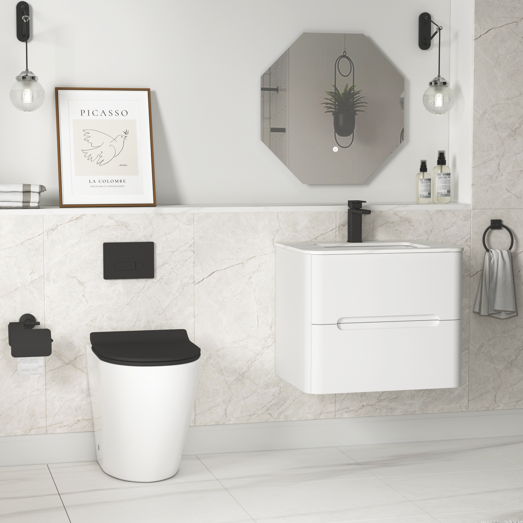 Elva Rimless Back to Wall Toilet Pan and Slim Soft Close Black Seat ...