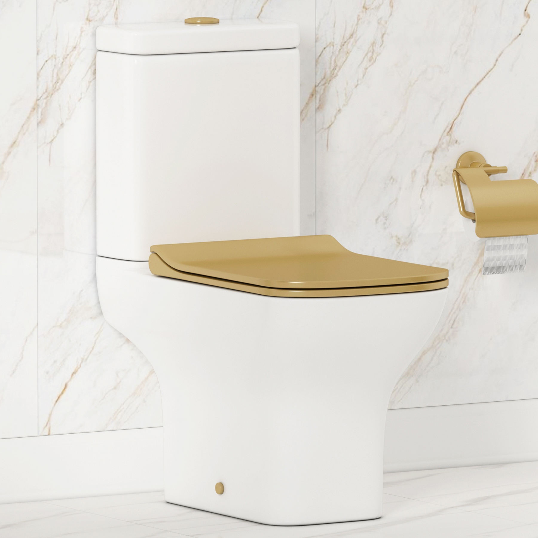 Square Rimless Close Coupled Toilet with Slim Soft Close Brushed Brass ...