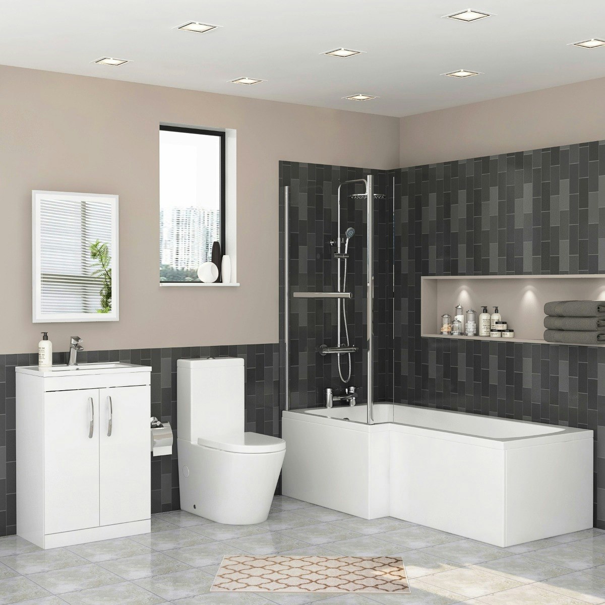 1700 x 850mm Left Hand L Shaped Shower Bath with Screen, Front Panel ...