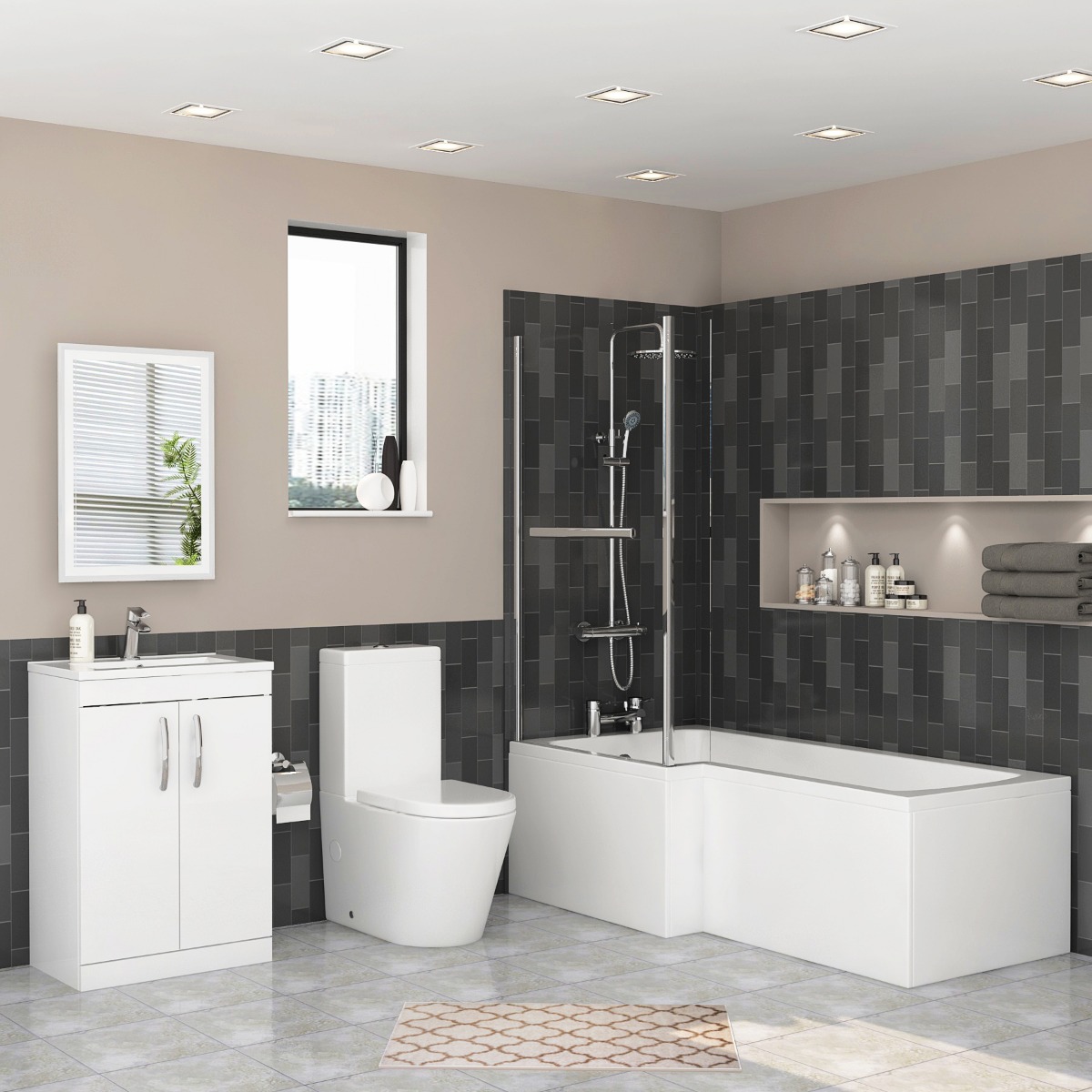 1600 x 850mm Left Hand L Shaped Shower Bath with Screen, Front Panel ...